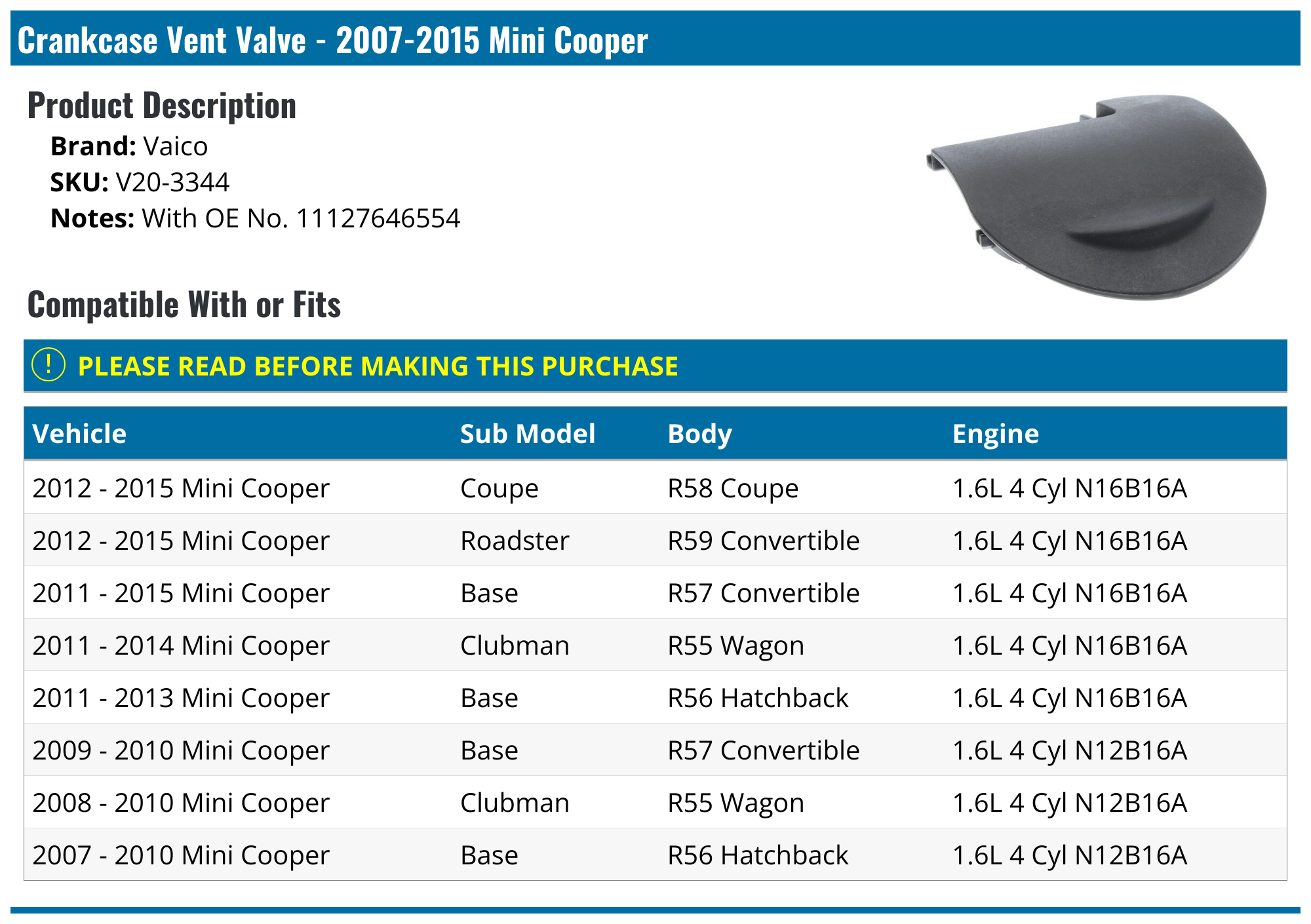2007-2015 Mini Cooper Crankcase Vent Valve - Vaico V20-3344 - PartsGeek.com