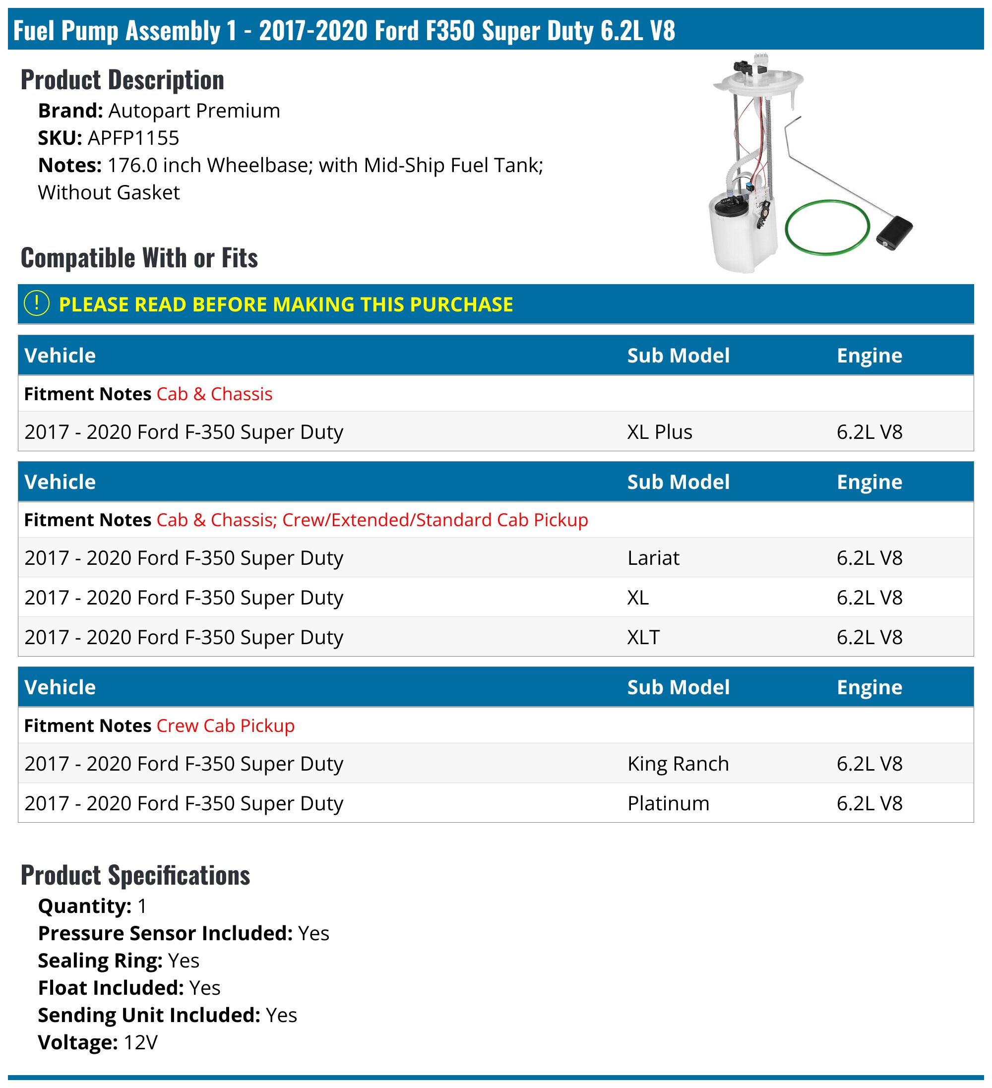 2017-2020 Ford F350 Super Duty Fuel Pump - Autopart Premium APFP1155 ...