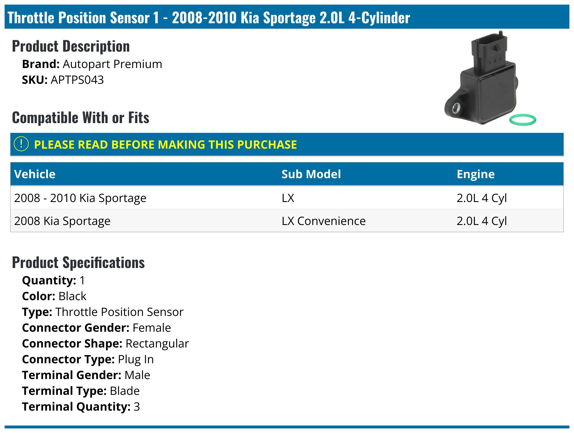 2008-2010 Kia Sportage Throttle Position Sensor - Autopart Premium ...