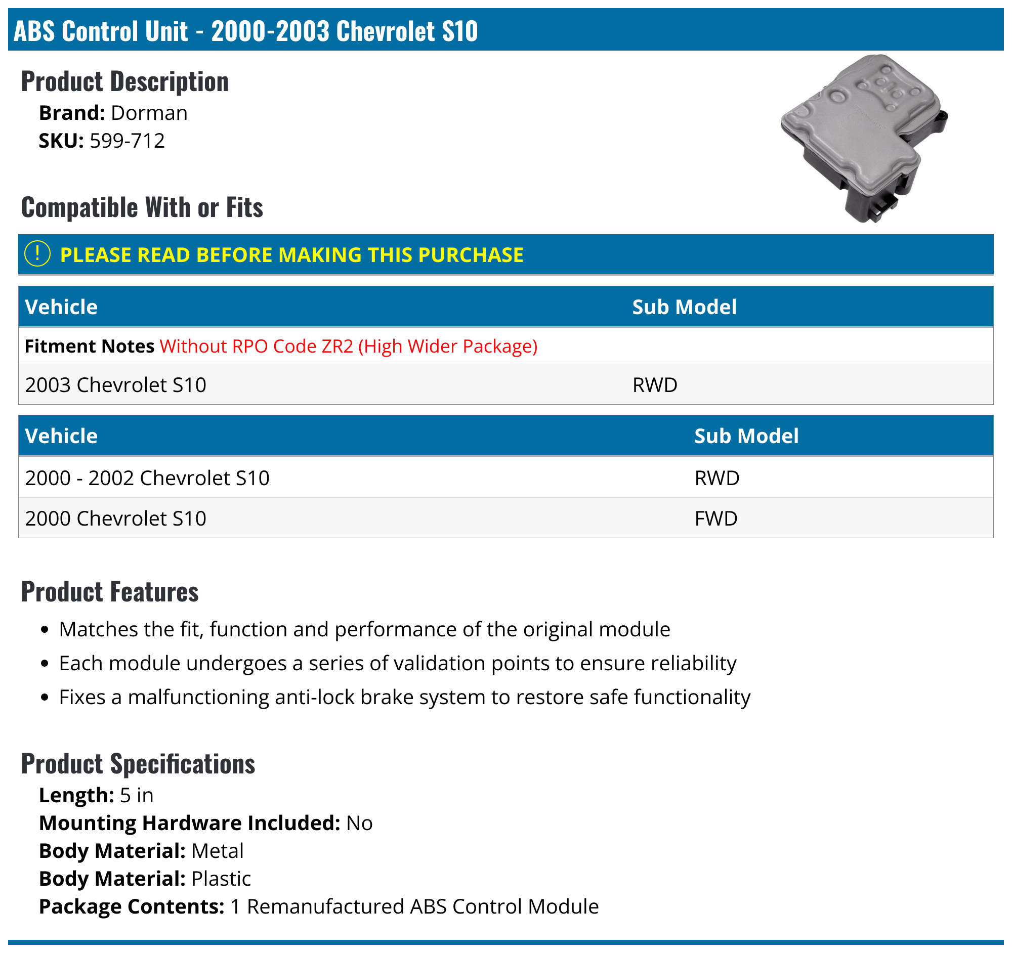 2000-2003 Chevrolet S10 ABS Control Unit - Dorman 599-712 - PartsGeek.com