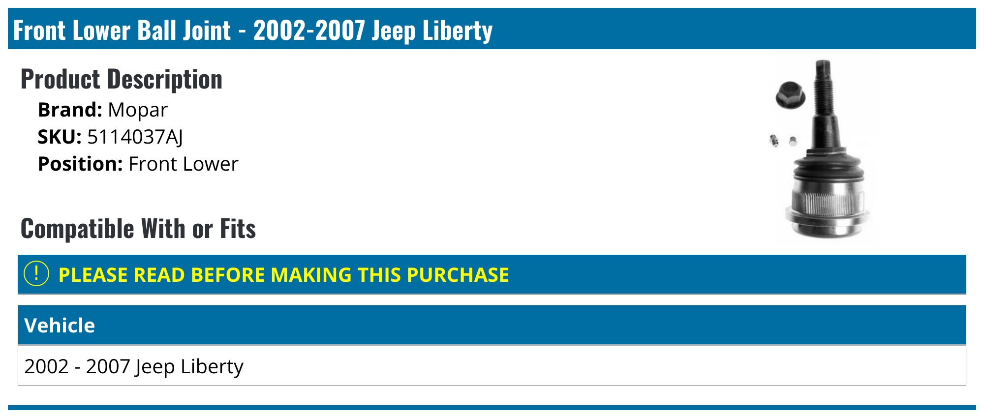 2002-2007 Jeep Liberty Ball Joint - Mopar 5114037AJ - Front Lower ...