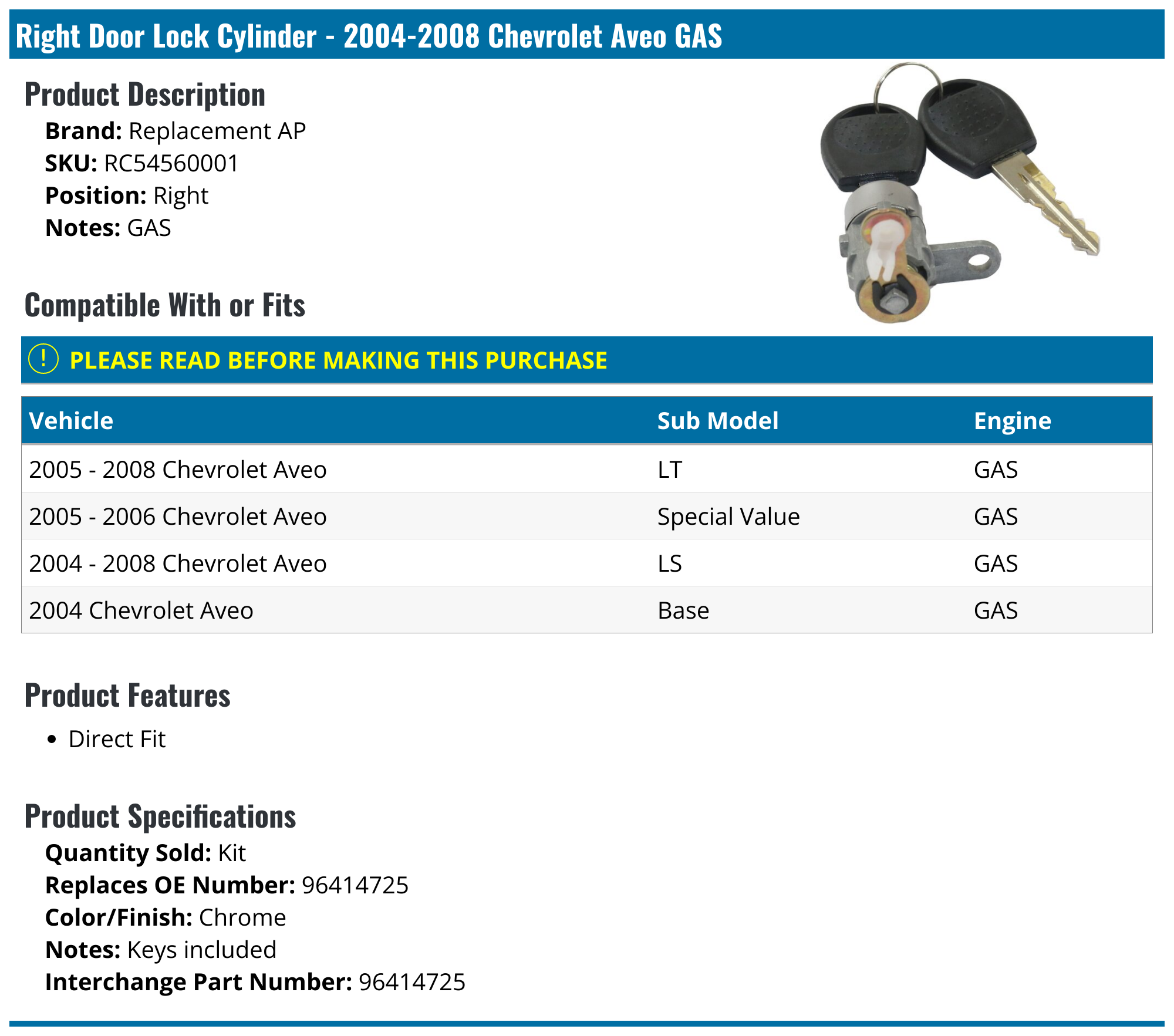 2004-2008 Chevrolet Aveo Door Lock Cylinder - Replacement AP RC54560001 ...