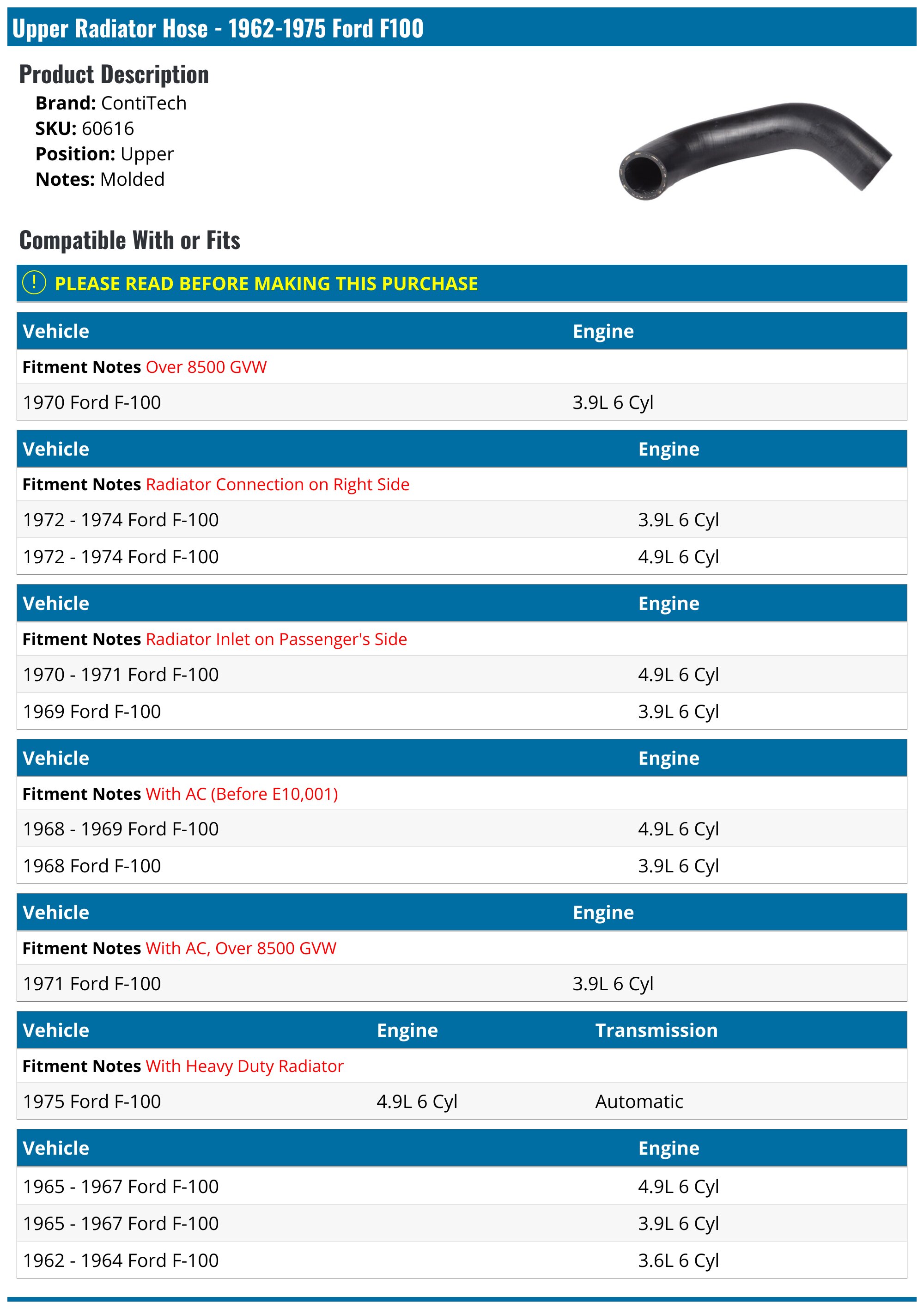 1962-1975 Ford F100 Radiator Hose - ContiTech 60616 - Upper - PartsGeek.com