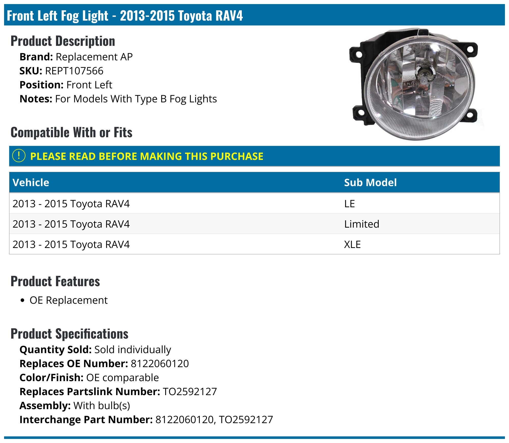 2013-2015 Toyota RAV4 Fog Light - Replacement AP REPT107566 - Front ...