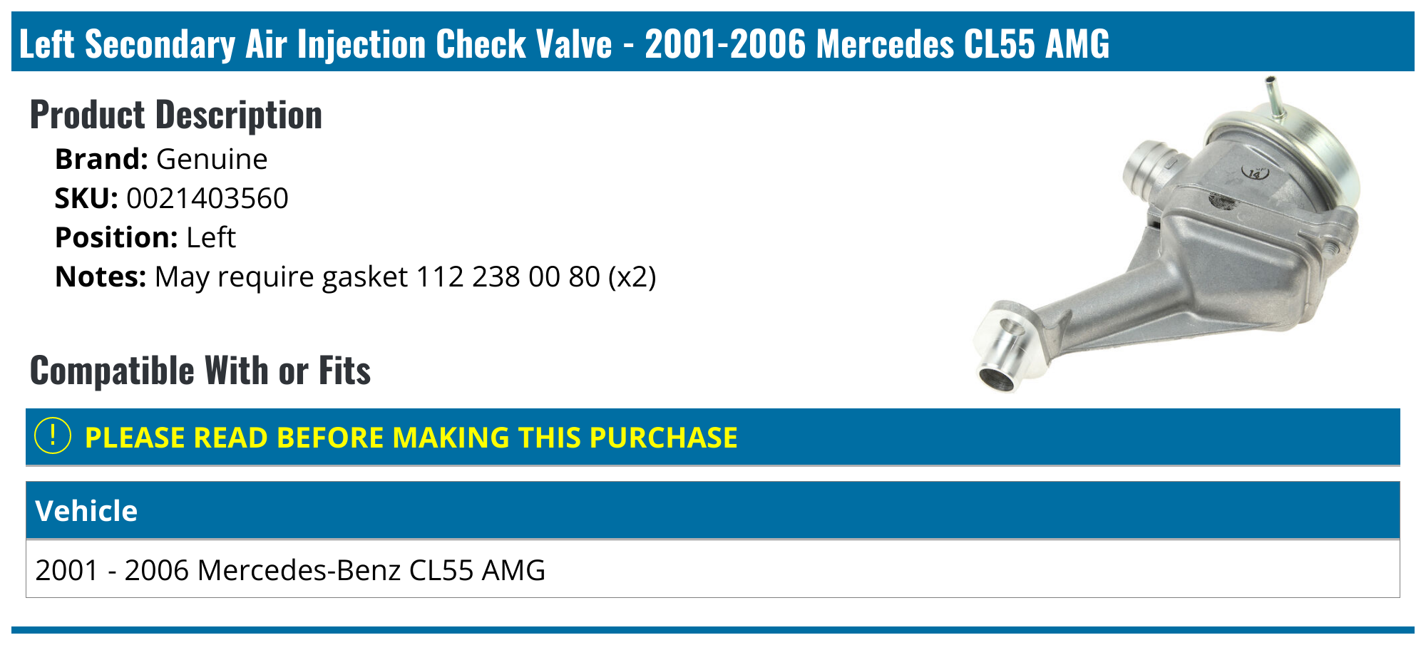 2001-2006 Mercedes CL55 AMG Air Pump Check Valve - Genuine 0021403560 ...