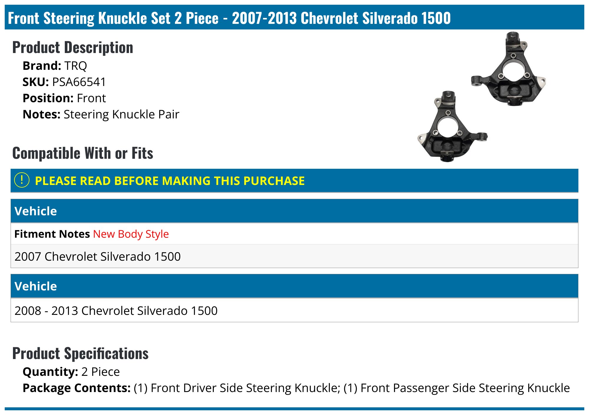 2007-2013 Chevrolet Silverado 1500 Steering Knuckle - TRQ PSA66541 ...