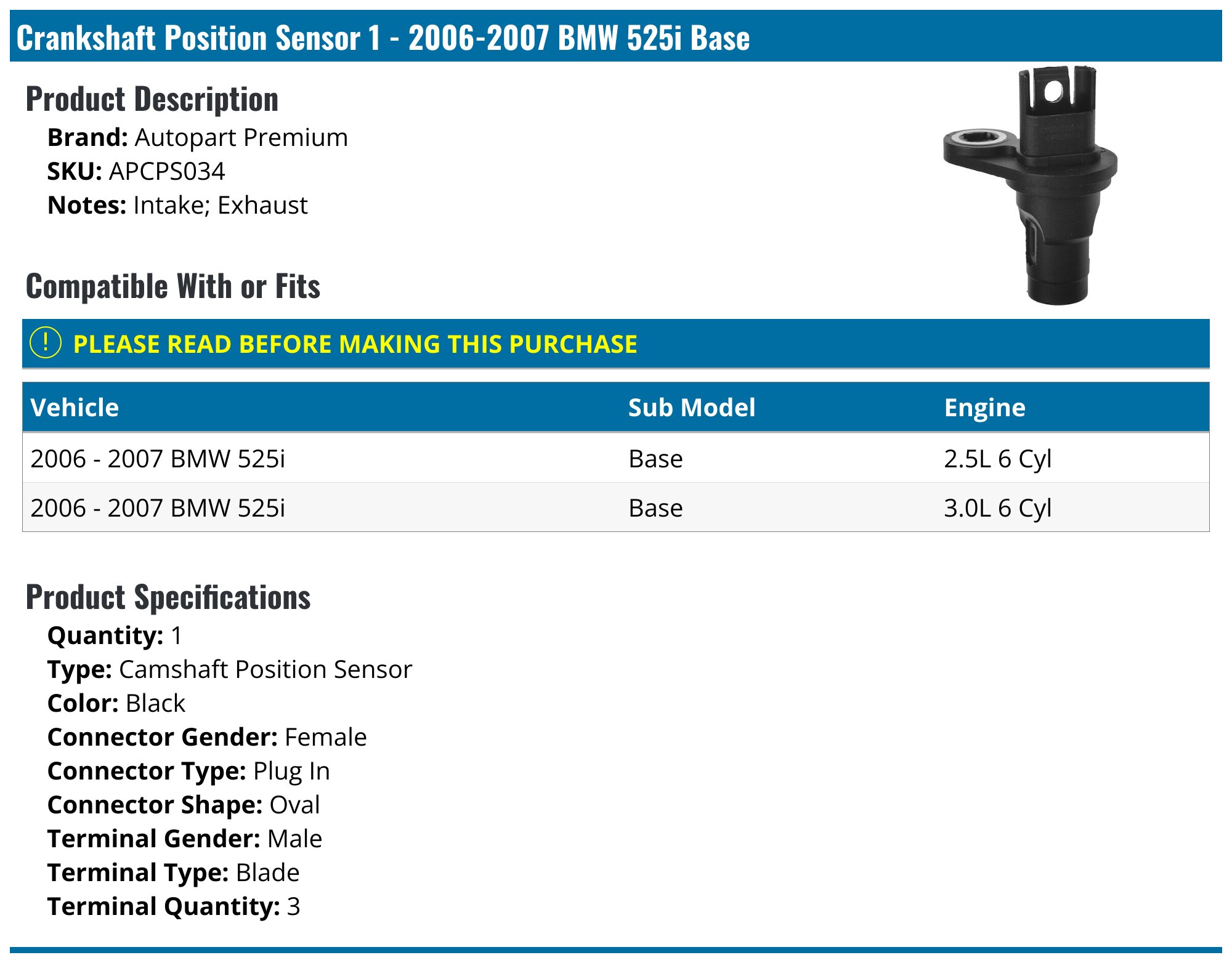 2006-2007 BMW 525i Camshaft Position Sensor - Autopart Premium APCPS034 ...