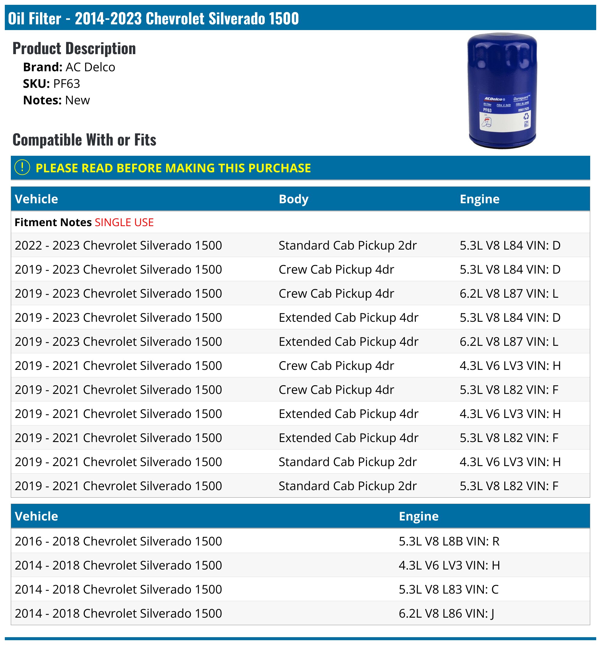 2014-2025 Chevrolet Silverado 1500 Oil Filter - AC Delco PF63 ...