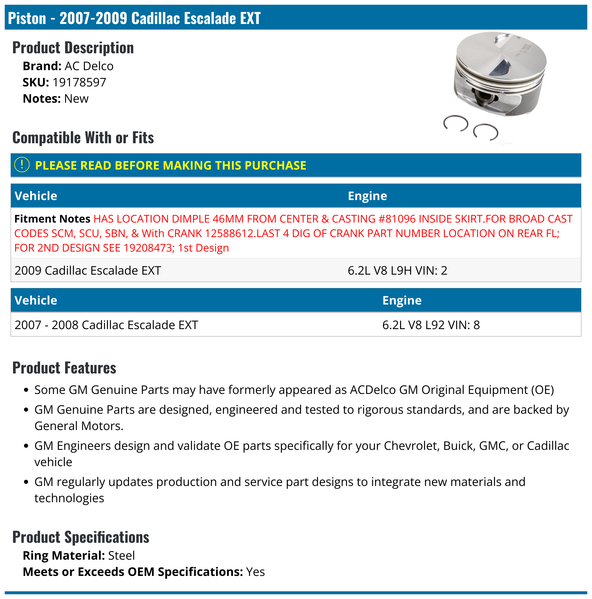 2007-2009 Cadillac Escalade EXT Piston - AC Delco 19178597 - PartsGeek.com