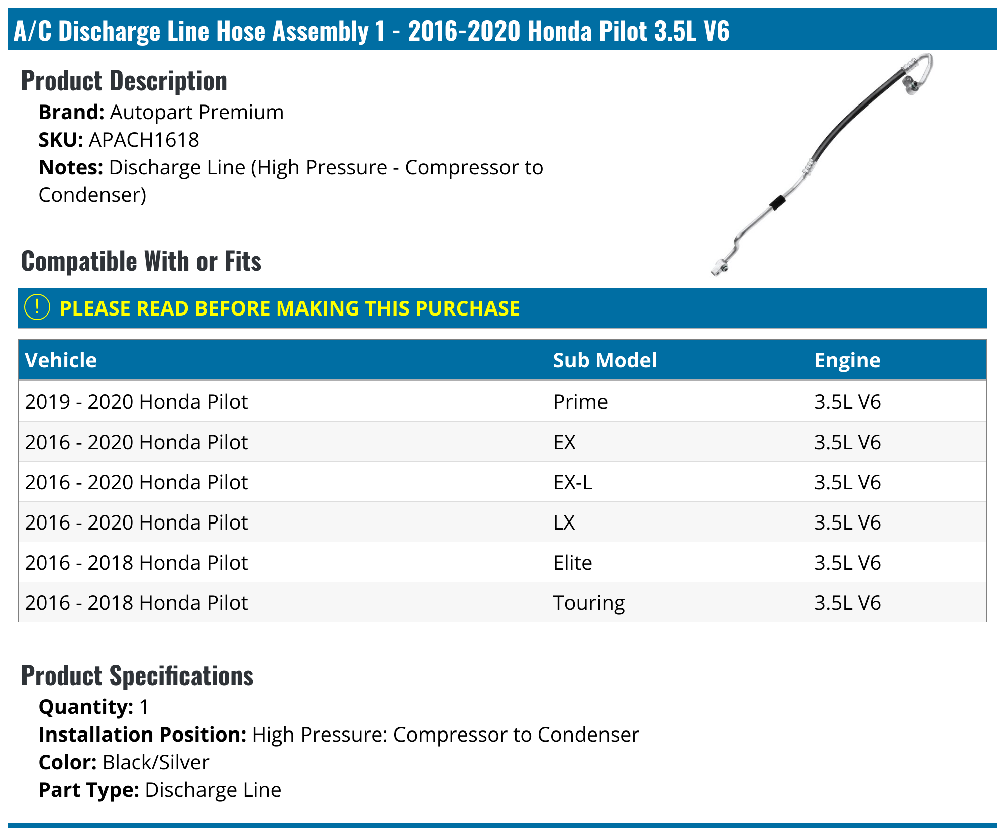 2016-2020 Honda Pilot A/C Hose - Autopart Premium APACH1618 - High ...