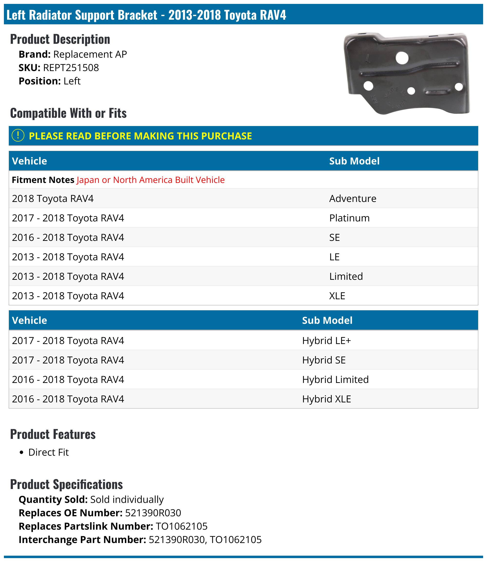 2013-2018 Toyota RAV4 Radiator Support Bracket - Replacement AP ...