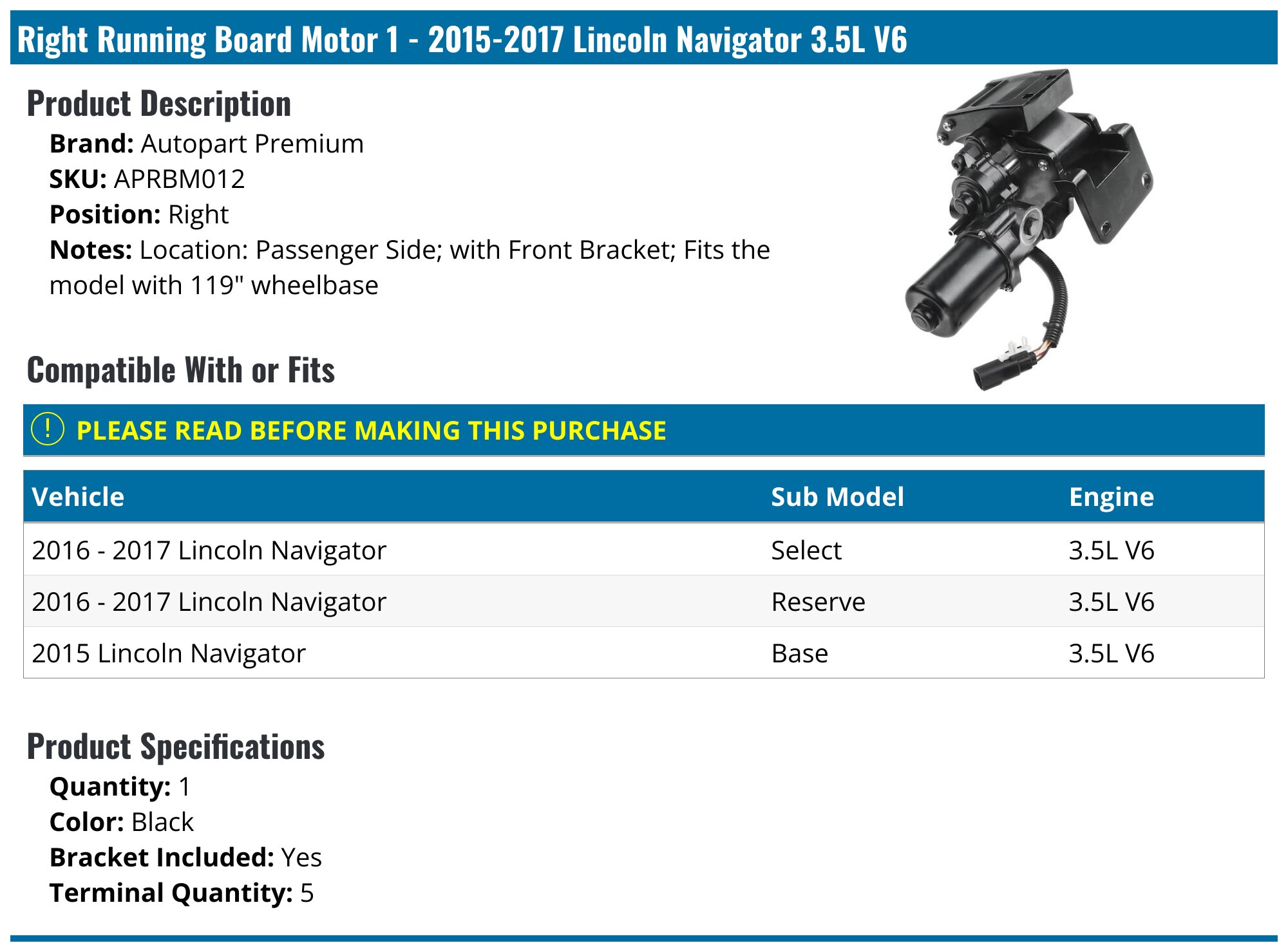 2015-2017 Lincoln Navigator Running Board Motor - Autopart Premium ...