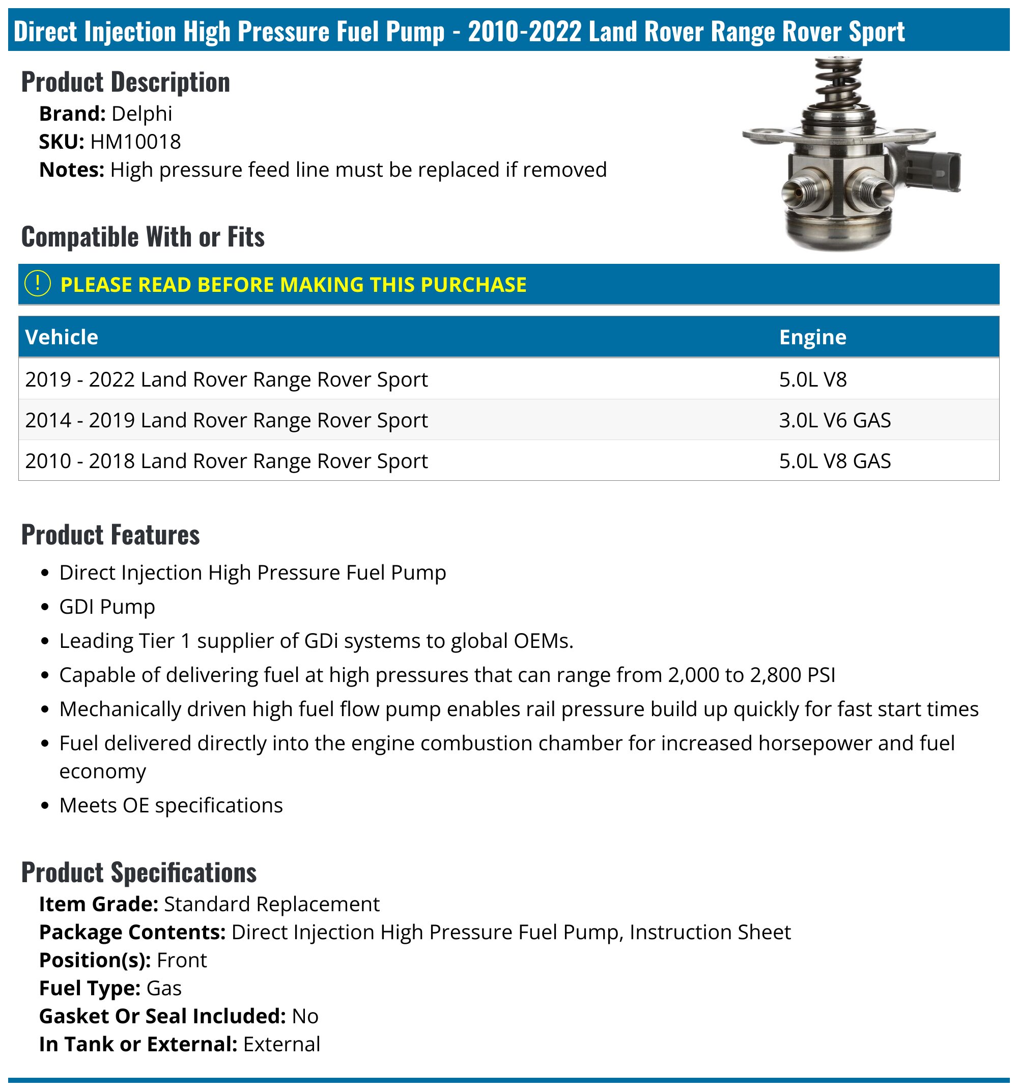 2010-2022 Land Rover Range Rover Sport Fuel Pump - Delphi HM10018 ...