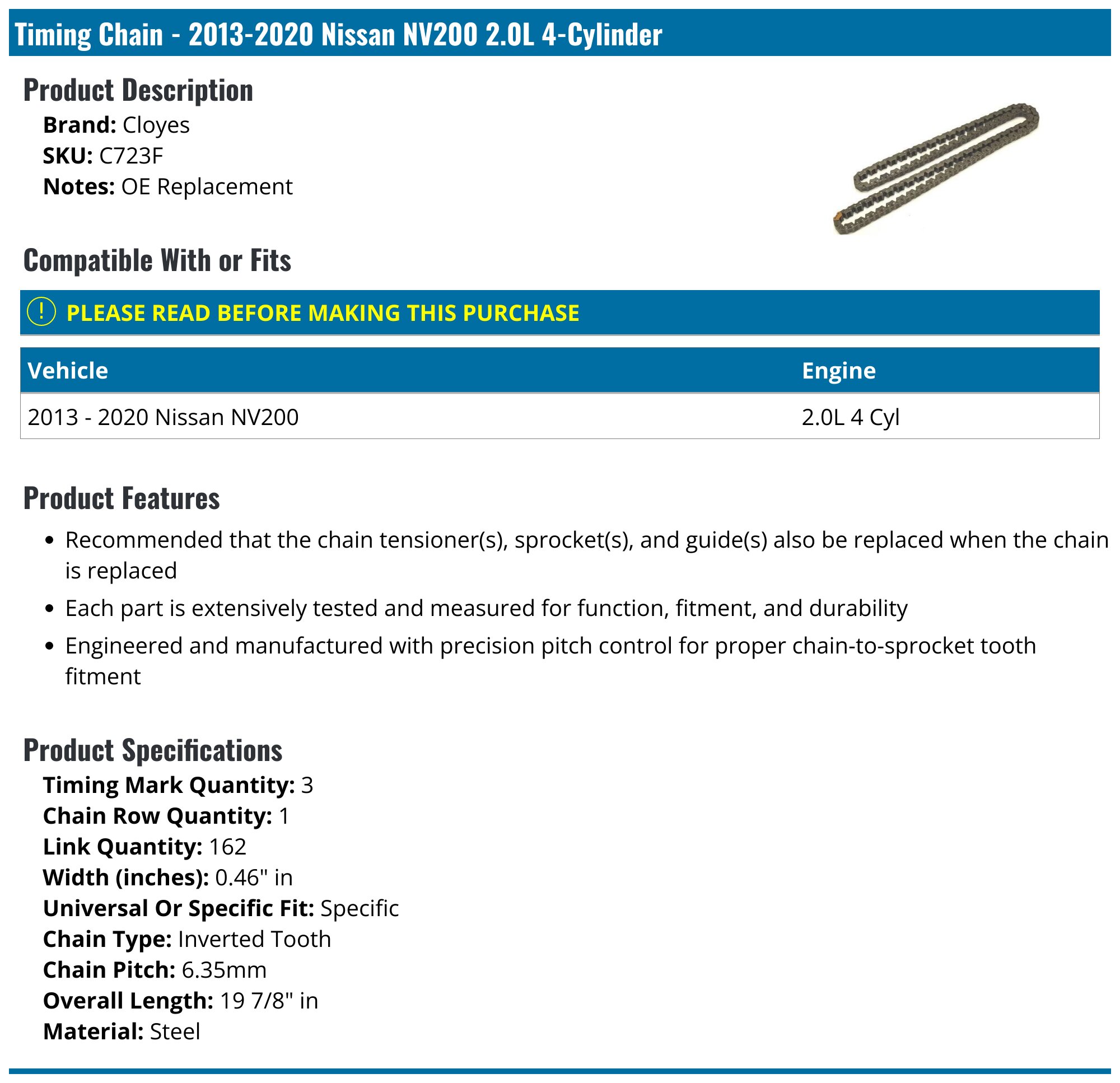 2013-2020 Nissan NV200 Timing Chain - Cloyes C723F - PartsGeek.com