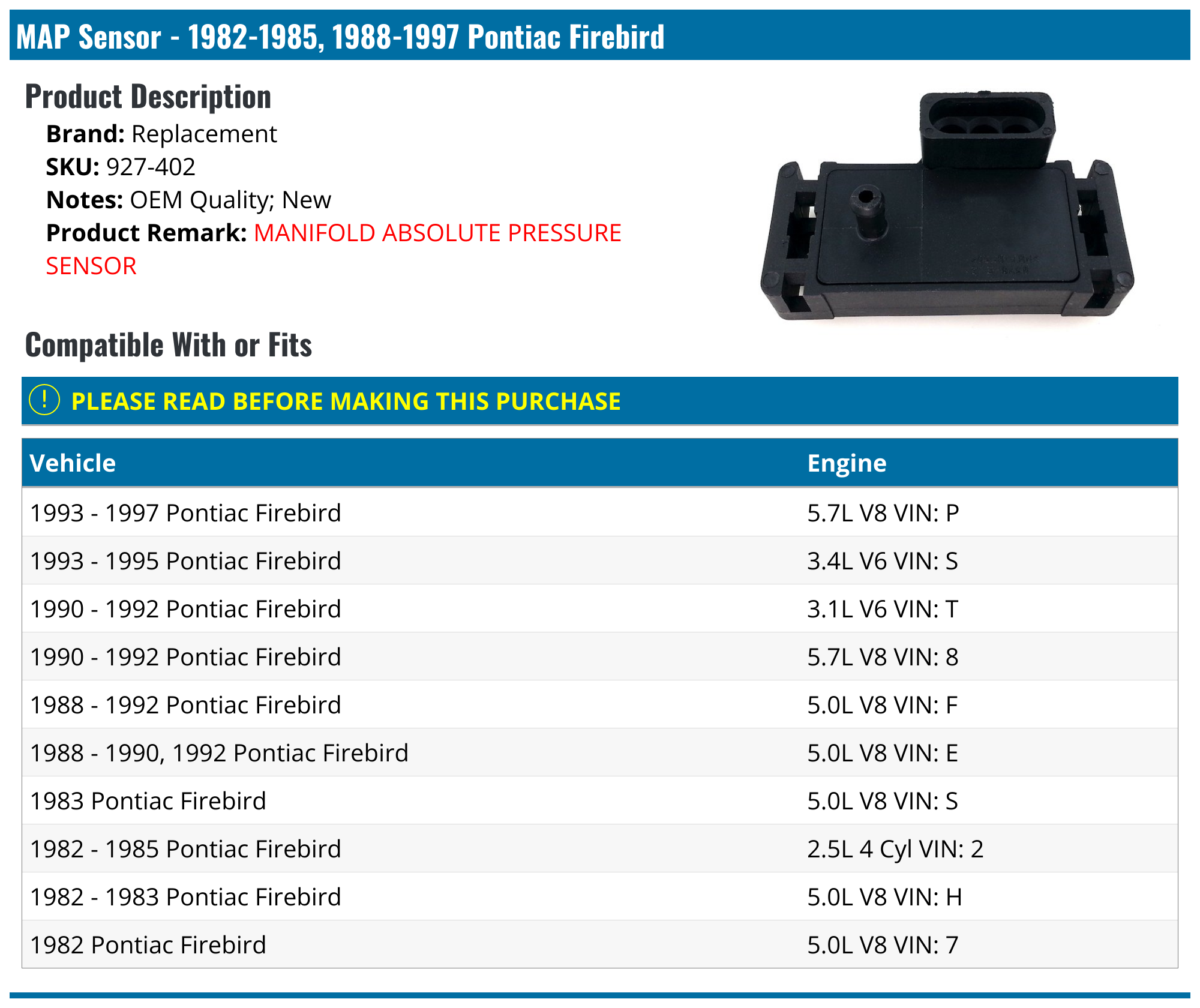 1982-1985, 1988-1997 Pontiac Firebird MAP Sensor - Replacement 927-402 ...