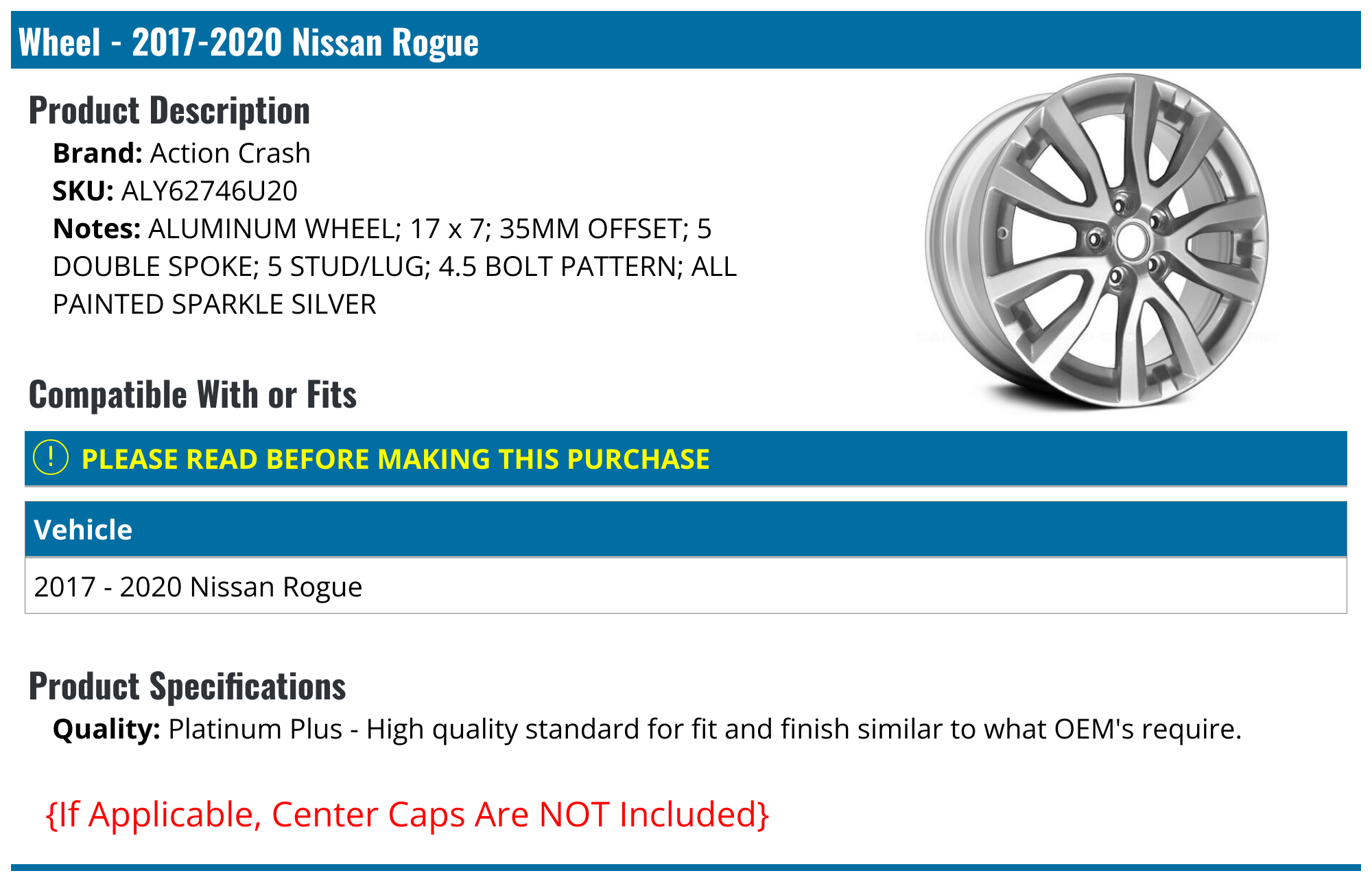 2017-2020 Nissan Rogue Wheel - Action Crash ALY62746U20 - PartsGeek.com