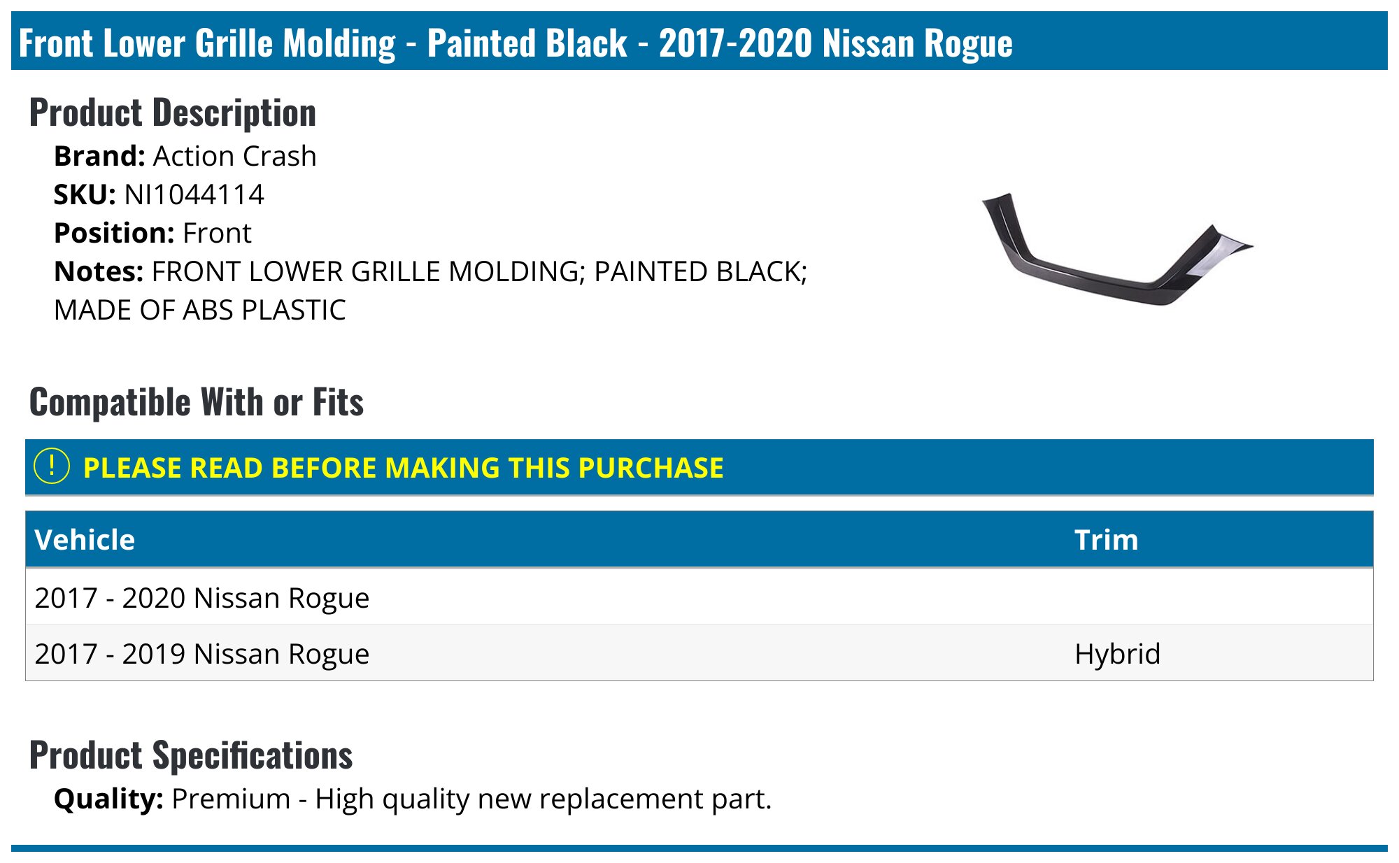 2017-2020 Nissan Rogue Bumper Cover Molding - Action Crash NI1044114 ...