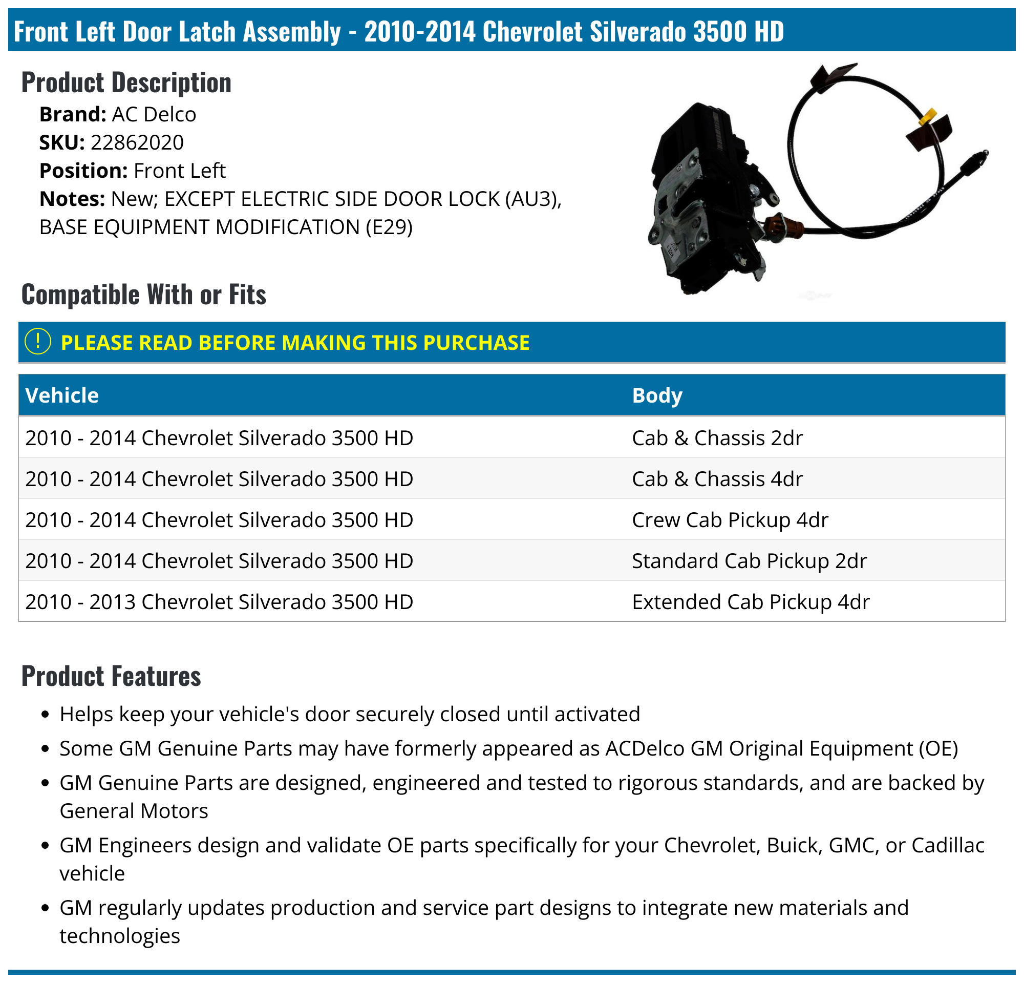 2010-2014 Chevrolet Silverado 3500 HD Door Latch Assembly - AC Delco ...