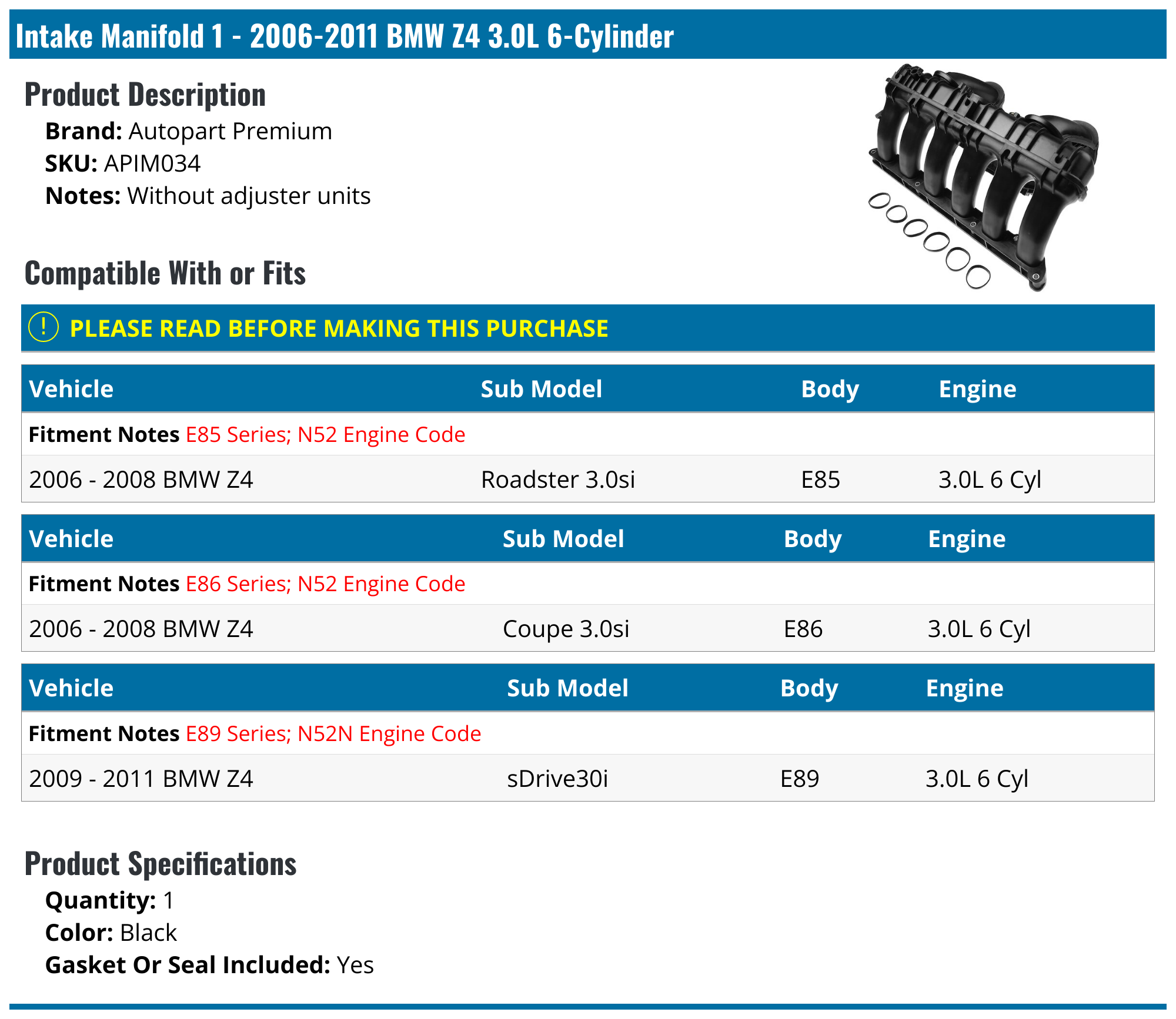 2006-2011 BMW Z4 Intake Manifold - Autopart Premium APIM034 - PartsGeek.com