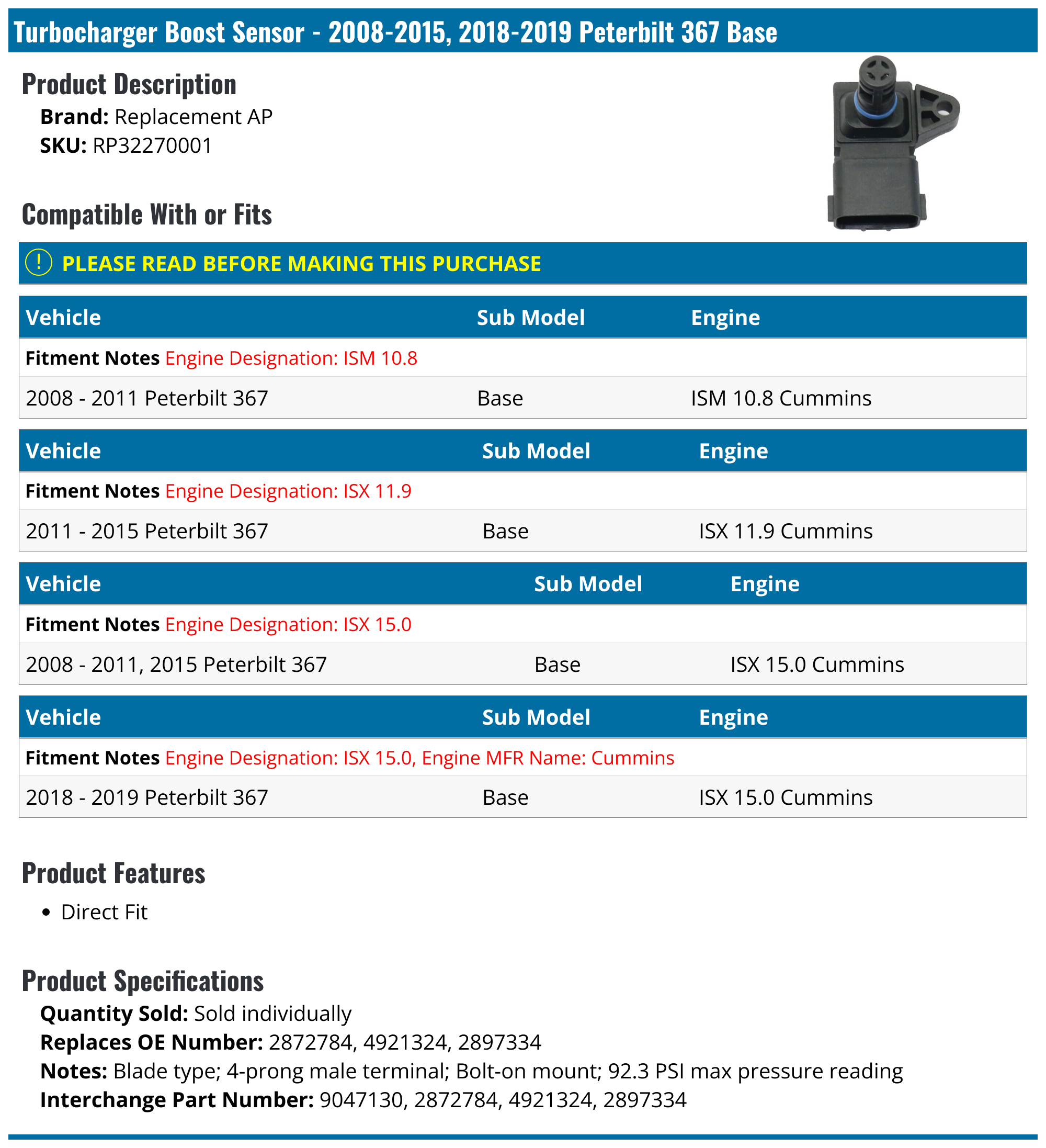 2008-2015, 2018-2019 Peterbilt 367 Turbocharger Boost Sensor ...