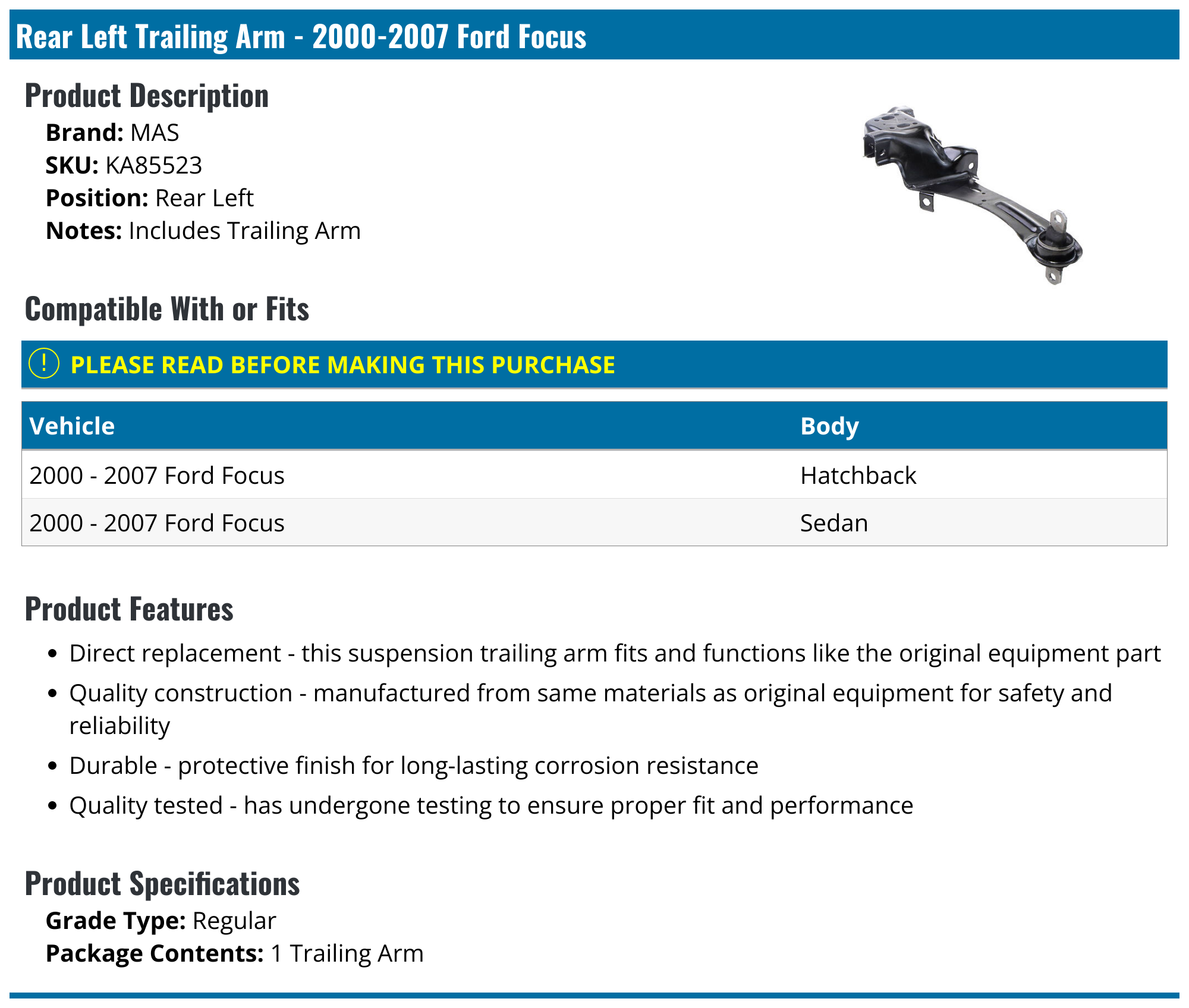 2000-2007 Ford Focus Trailing Arm - MAS KA85523 - Rear Left - PartsGeek.com