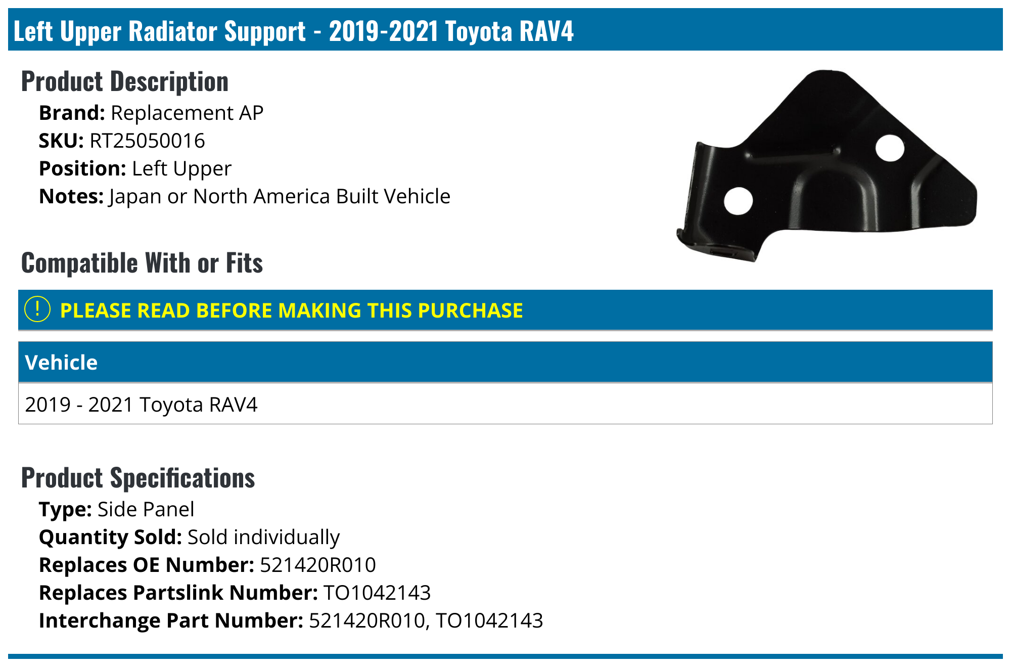 2019-2023 Toyota RAV4 Radiator Support - Replacement AP RT25050016 ...