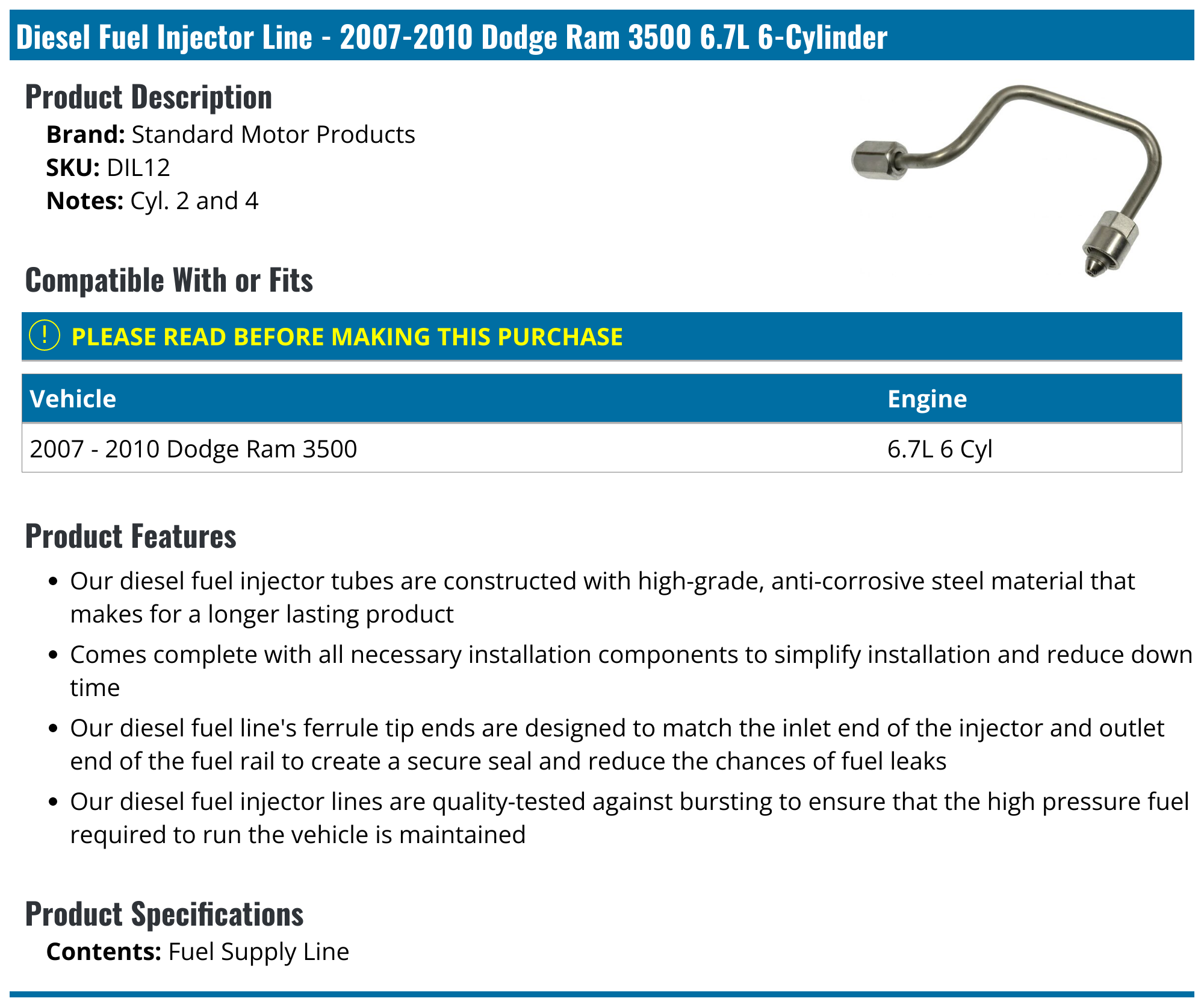 2007-2010 Dodge Ram 3500 Diesel Fuel Injector Line - Standard Motor ...
