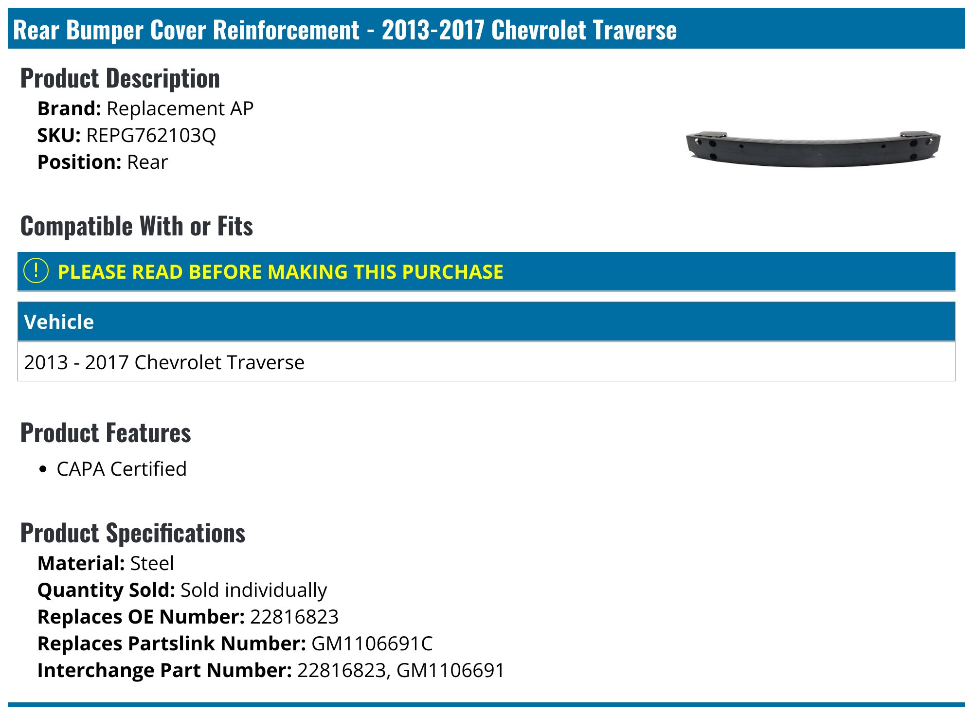 2013-2017 Chevrolet Traverse Bumper Reinforcement - Replacement AP ...