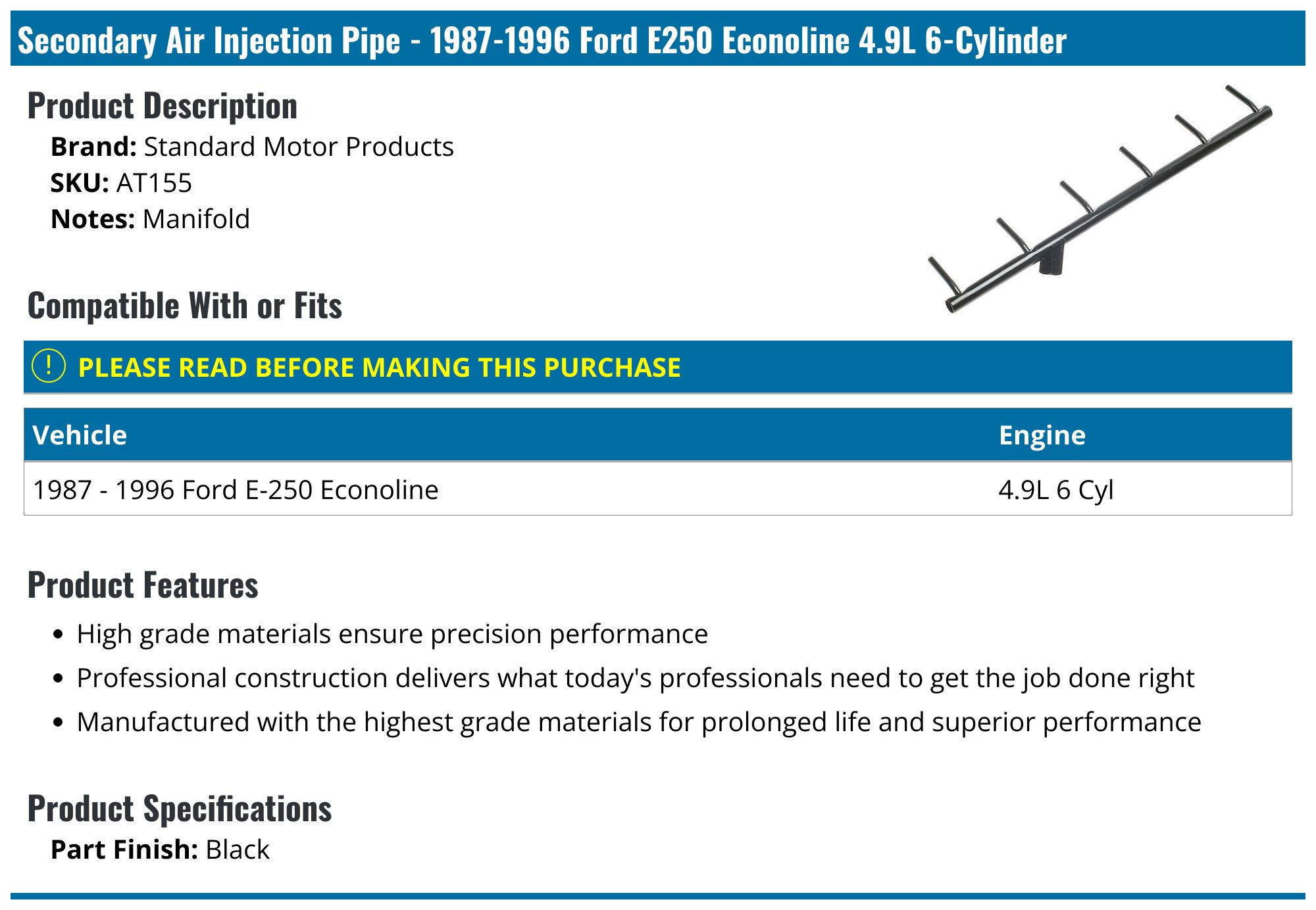 1987-1996 Ford E250 Econoline Secondary Air Injection Pipe - Standard ...