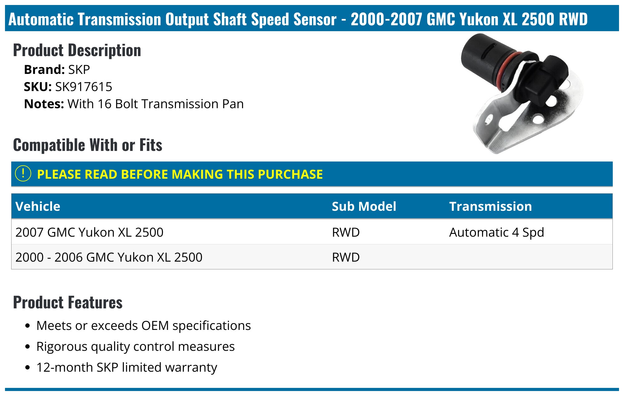 2000-2007 GMC Yukon XL 2500 Automatic Transmission Output Shaft Speed ...