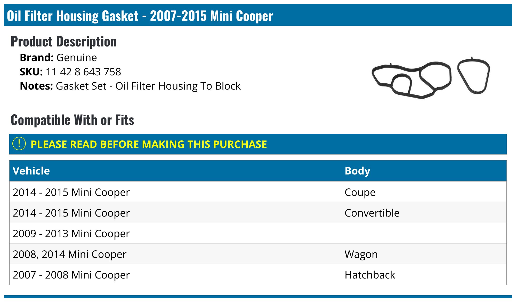 2007-2015 Mini Cooper Oil Filter Housing Gasket - Genuine 11 42 8 643 ...