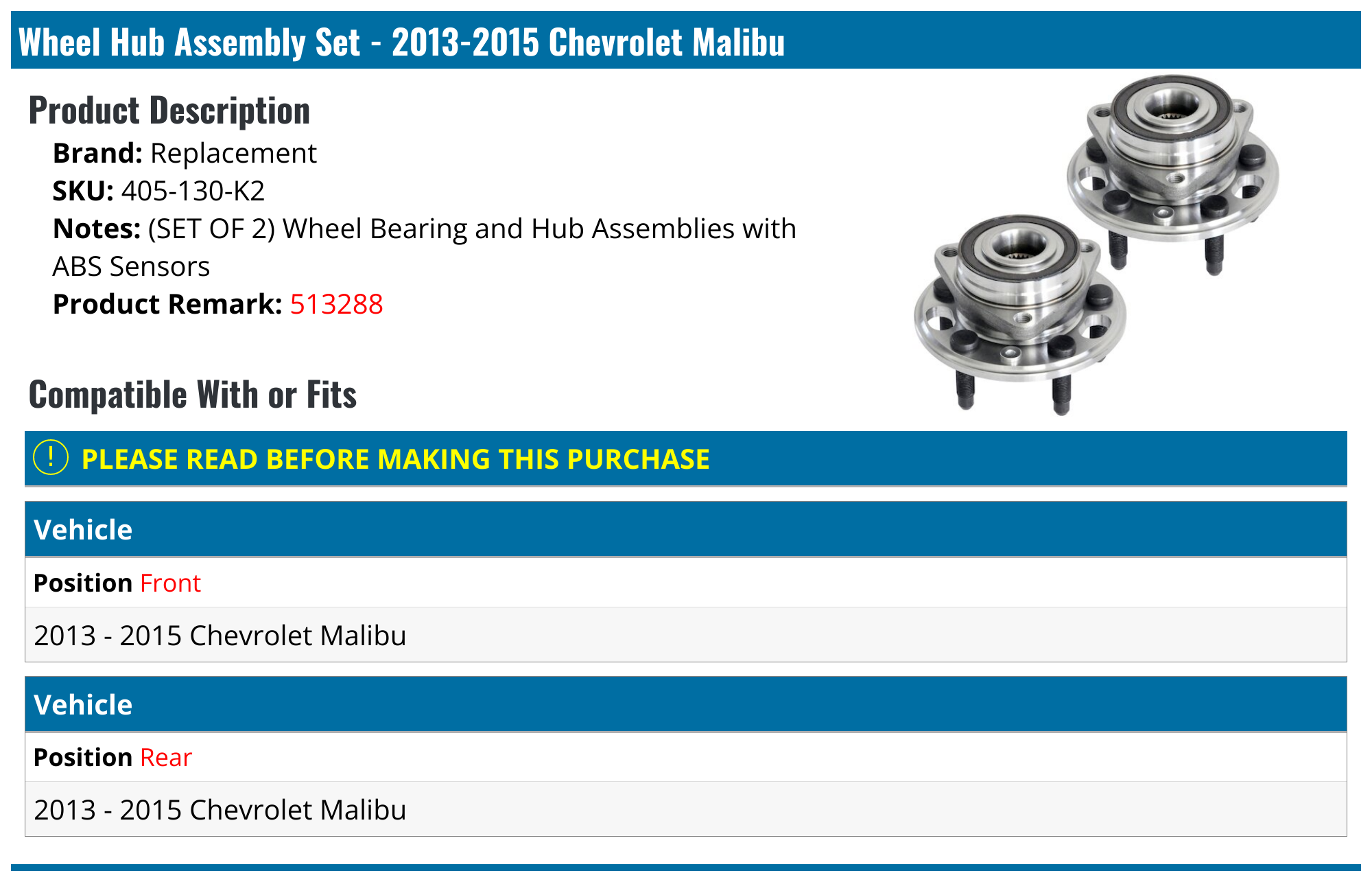 2013-2015 Chevrolet Malibu Wheel Hub Assembly - Replacement 405-130-K2 ...