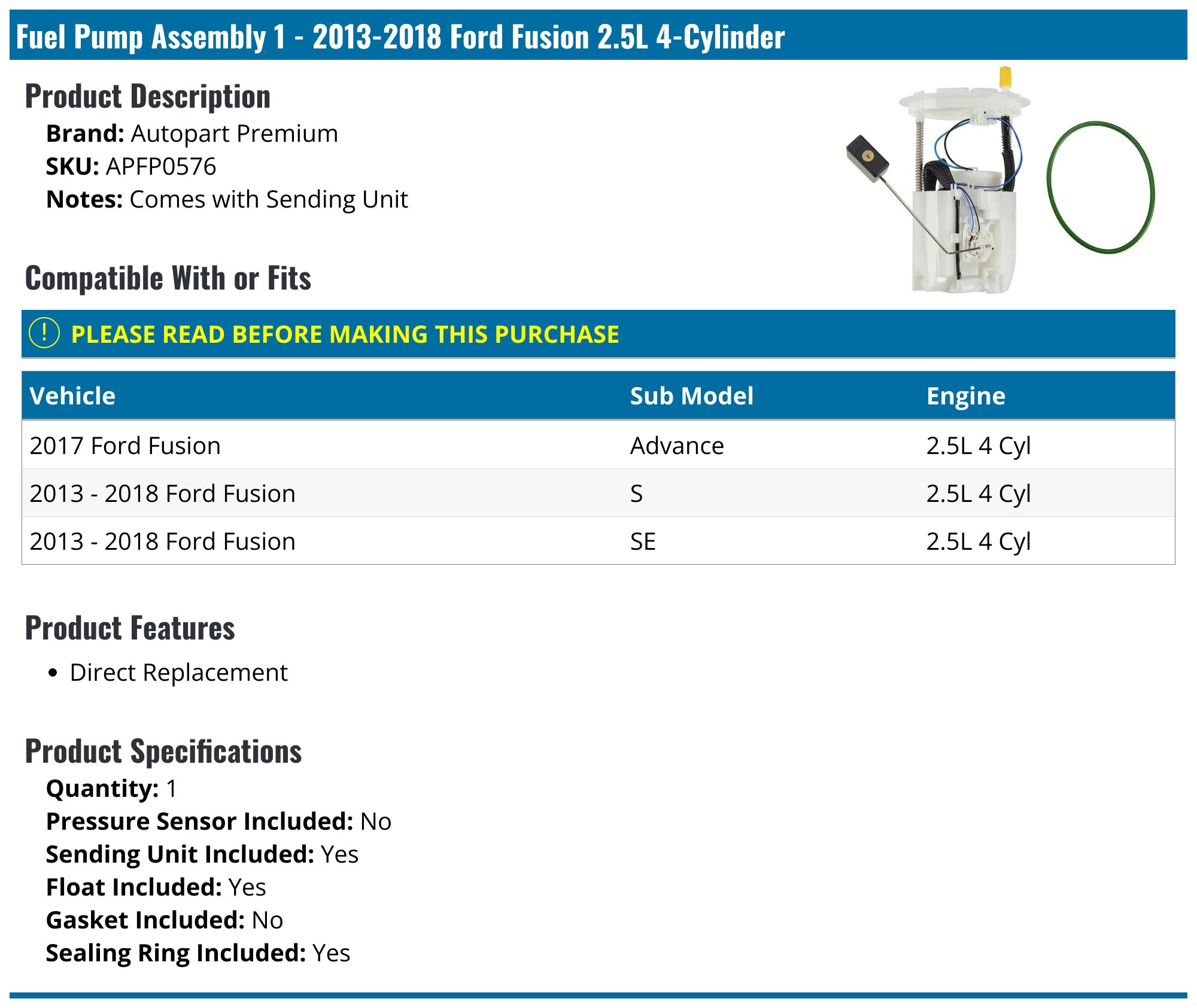 2013-2018 Ford Fusion Fuel Pump - Autopart Premium APFP0576 - PartsGeek.com