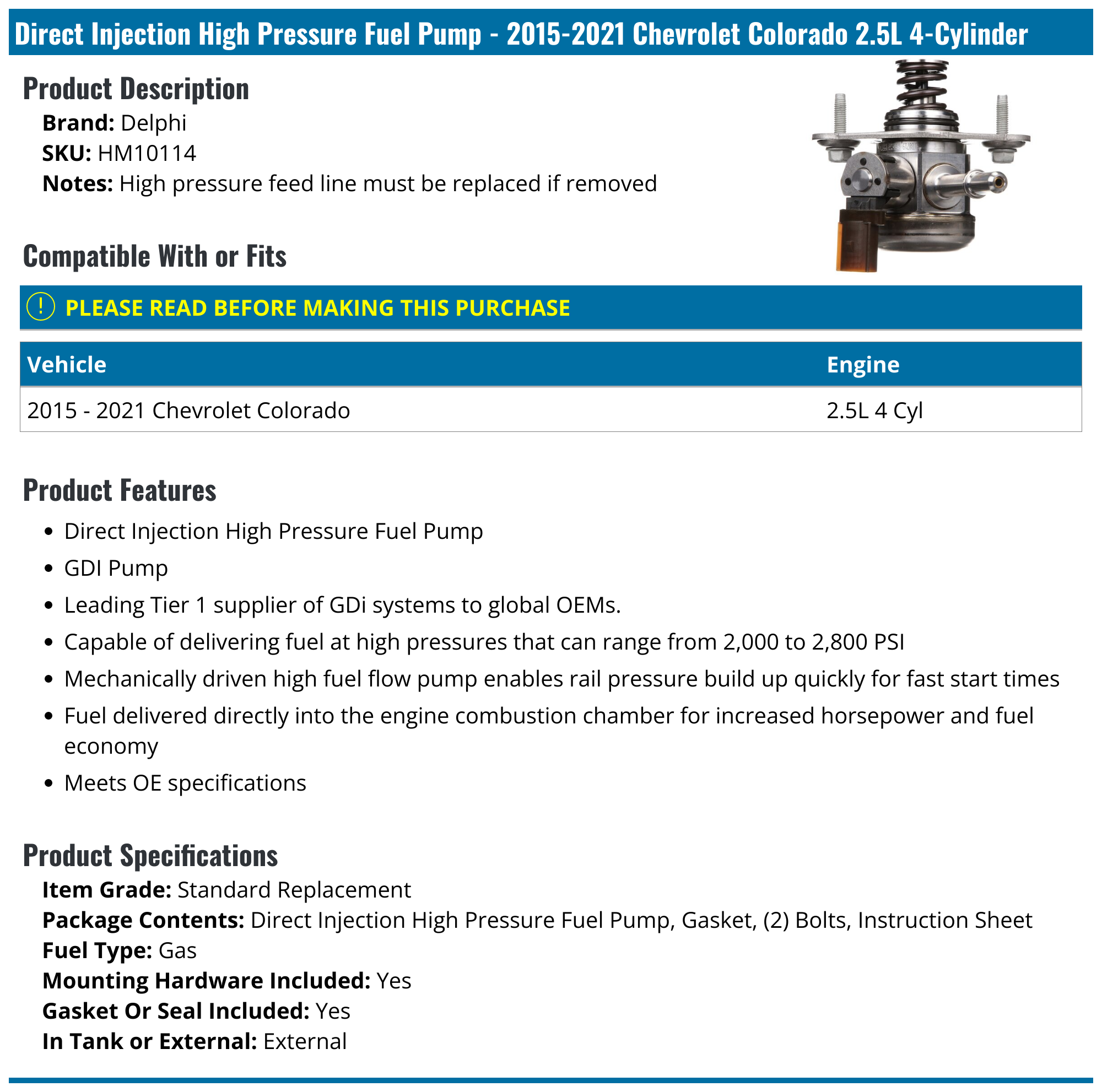 2015-2021 Chevrolet Colorado Fuel Pump - Delphi HM10114 - PartsGeek.com