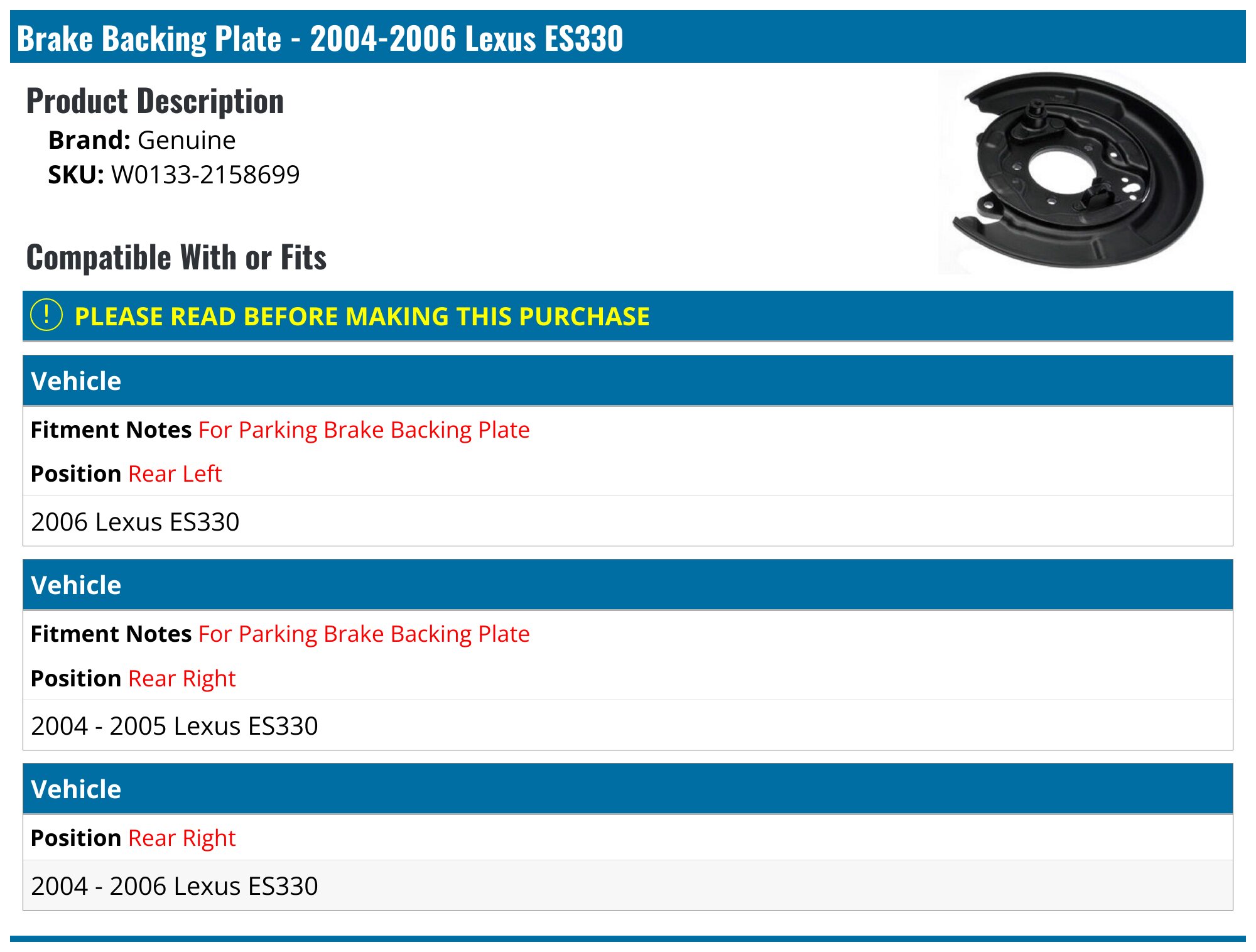 2004-2006 Lexus ES330 Brake Backing Plate - Genuine W0133-2158699 ...