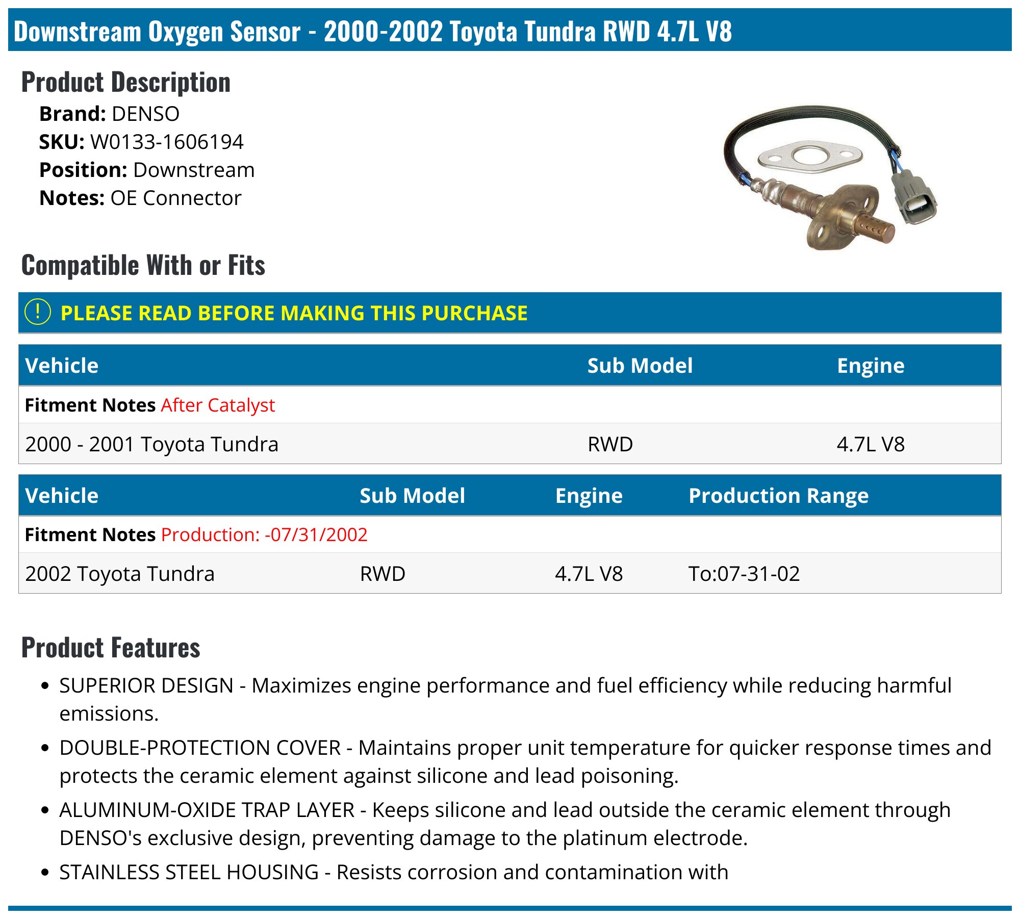 2000-2002 Toyota Tundra Oxygen Sensor - Denso W0133-1606194 ...