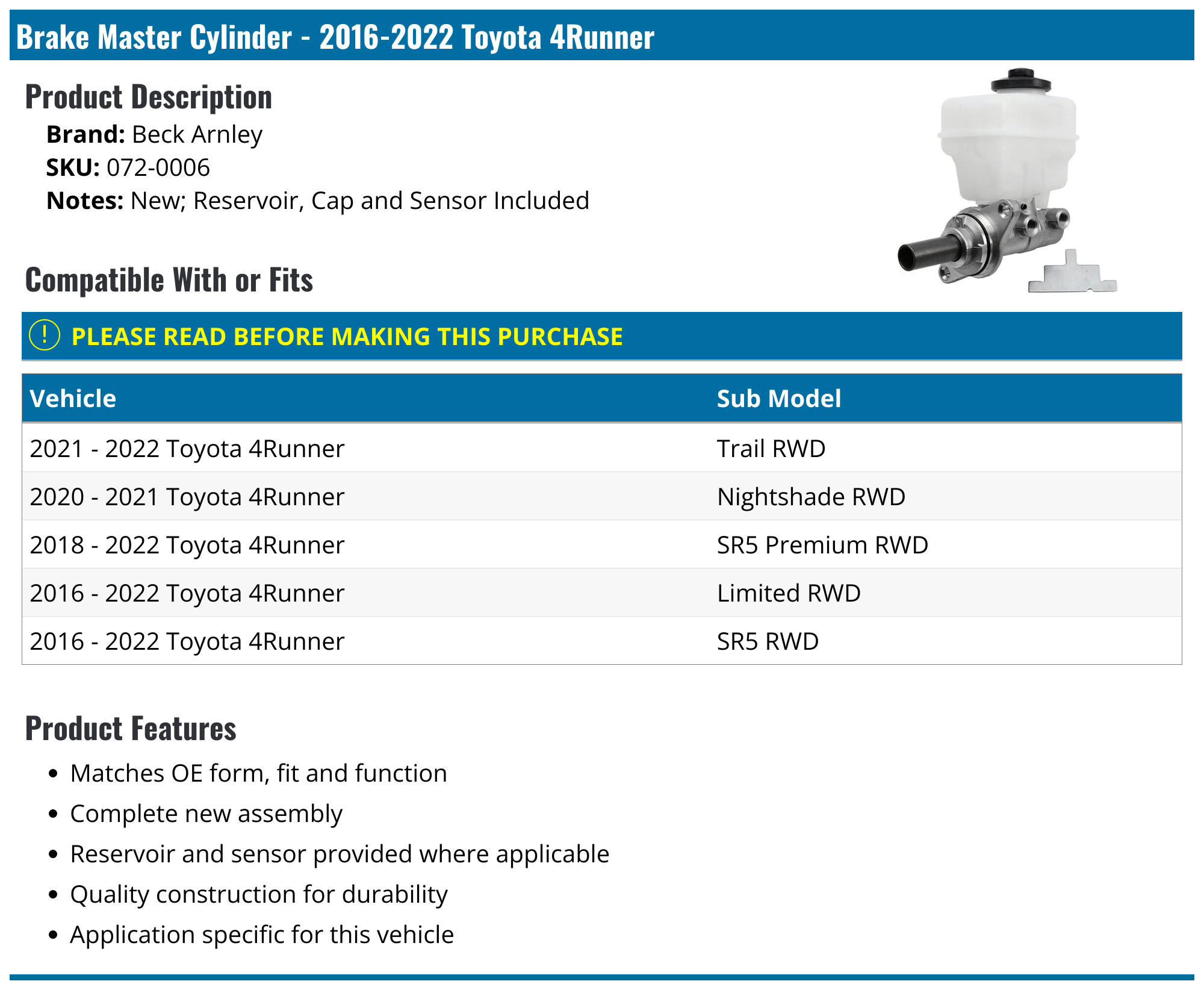 2016-2024 Toyota 4Runner Brake Master Cylinder - Beck Arnley 072-0006 ...