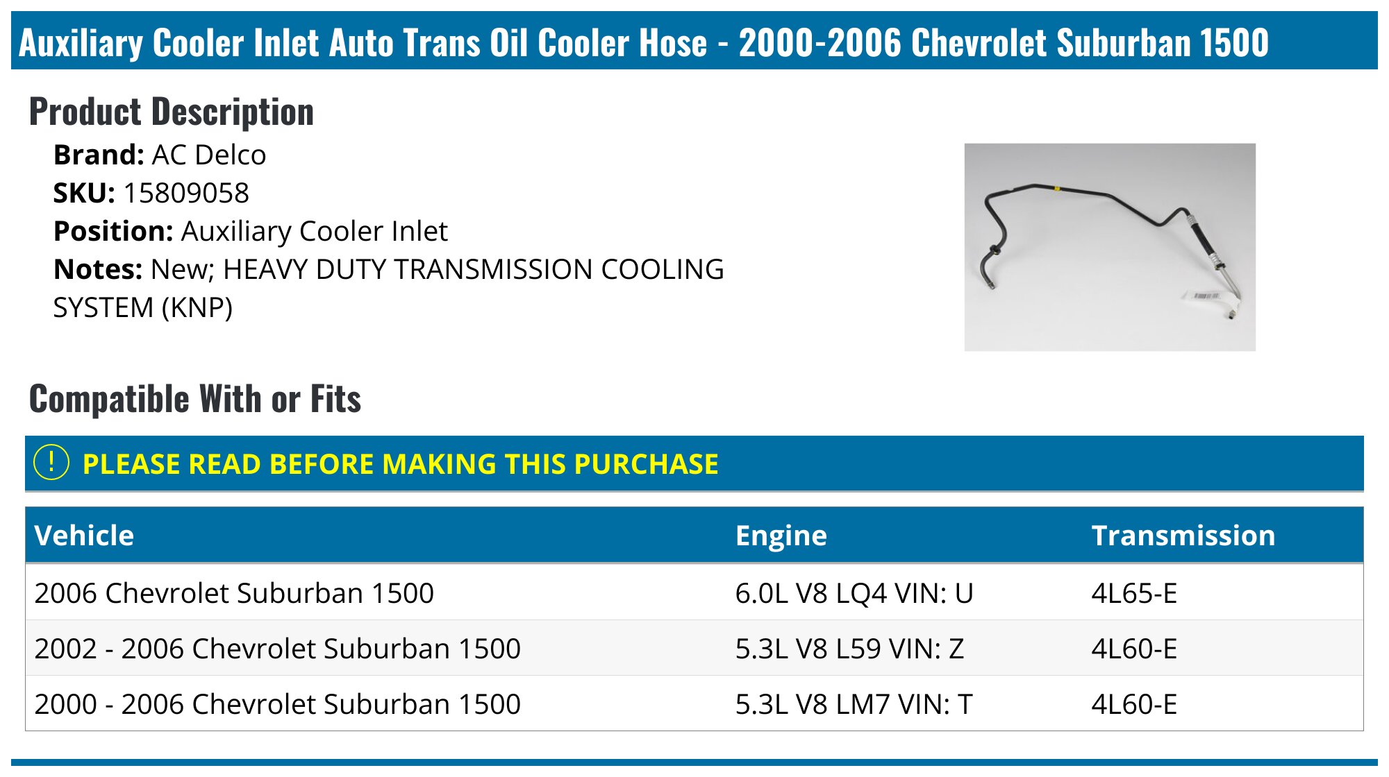 2000-2006 Chevrolet Suburban 1500 Auto Trans Oil Cooler Hose - AC Delco ...