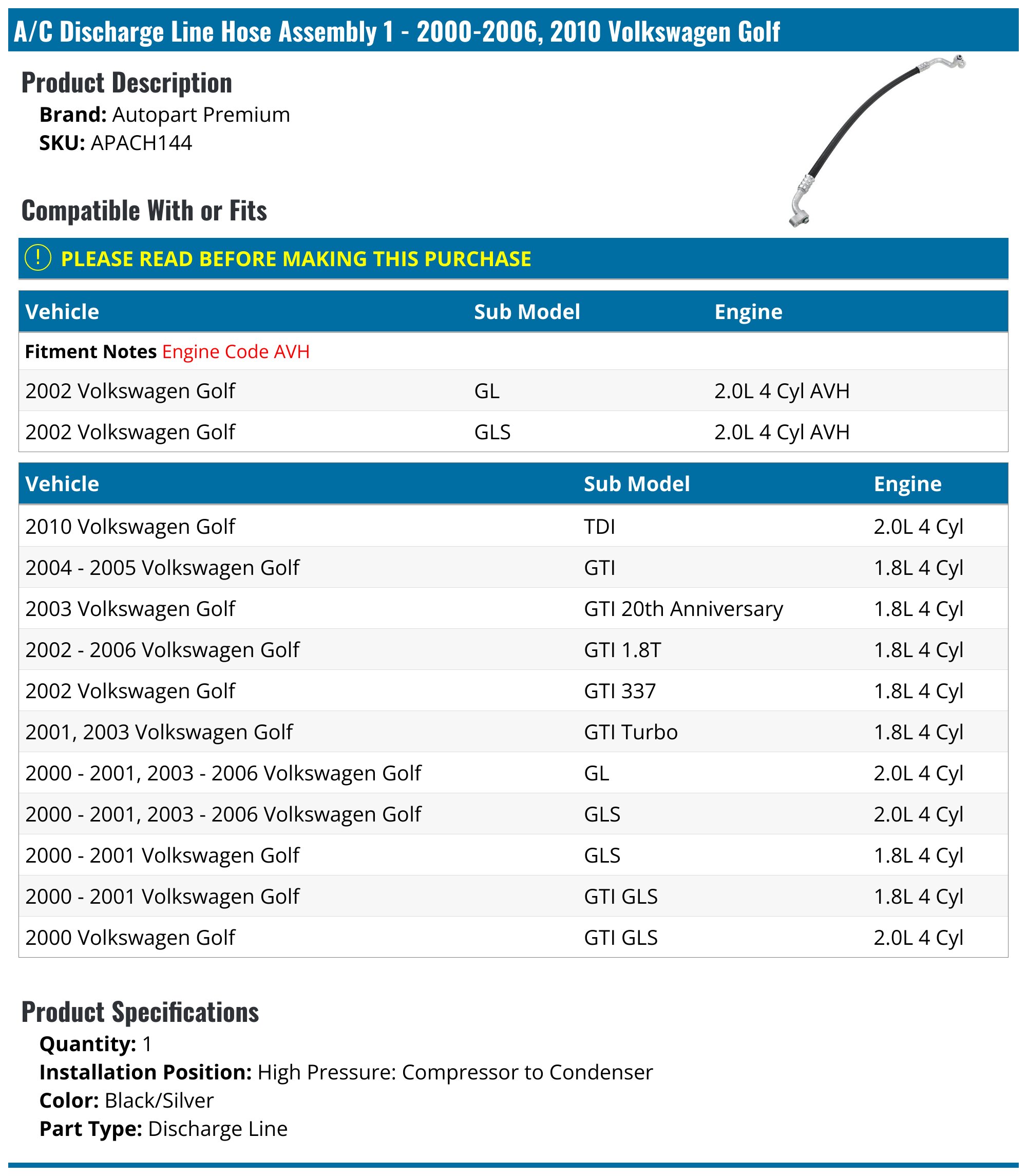 2000-2006, 2010 Volkswagen Golf A/C Hose - Autopart Premium APACH144 ...