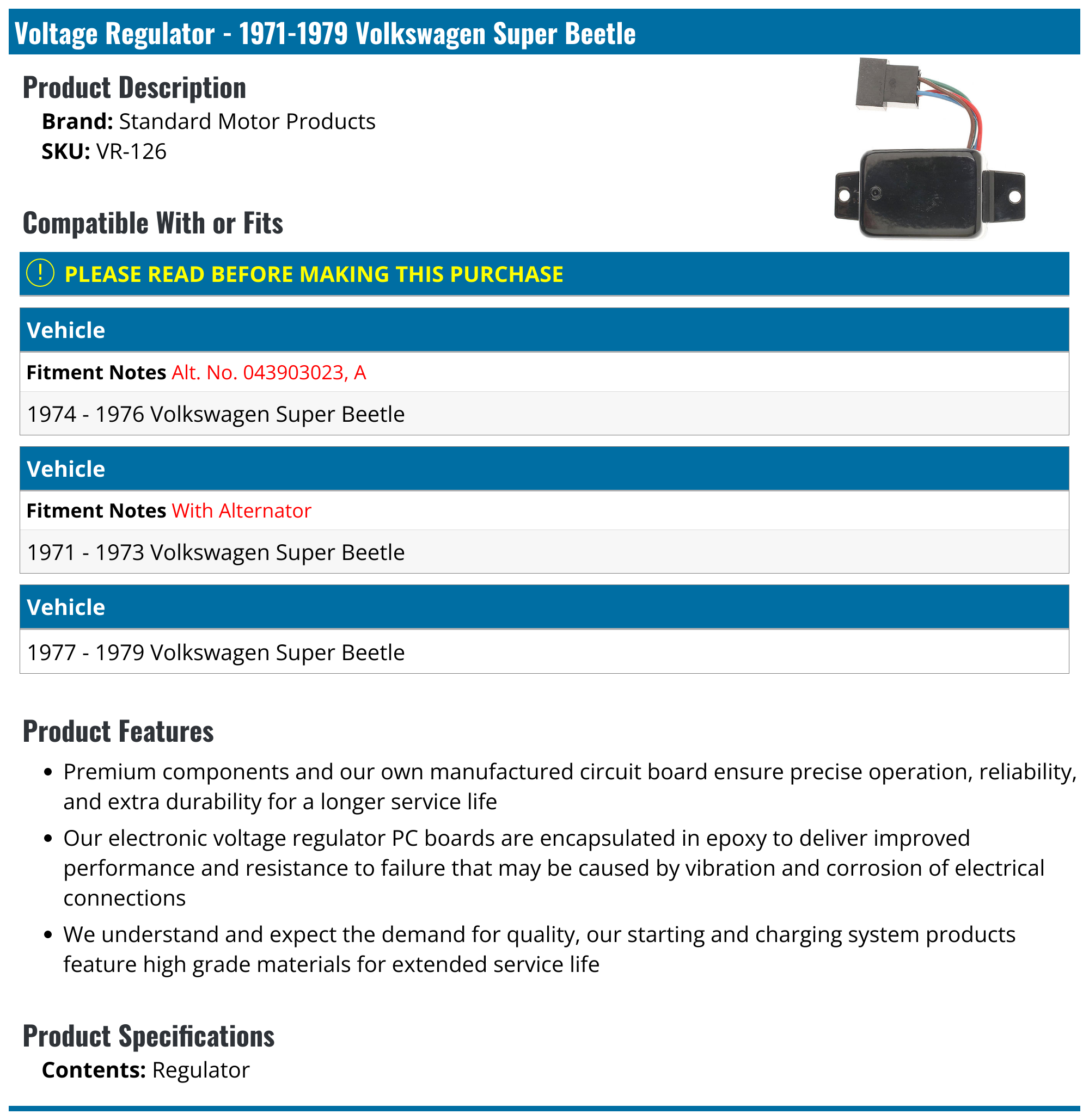 1971-1979 Volkswagen Super Beetle Voltage Regulator - Standard Motor ...