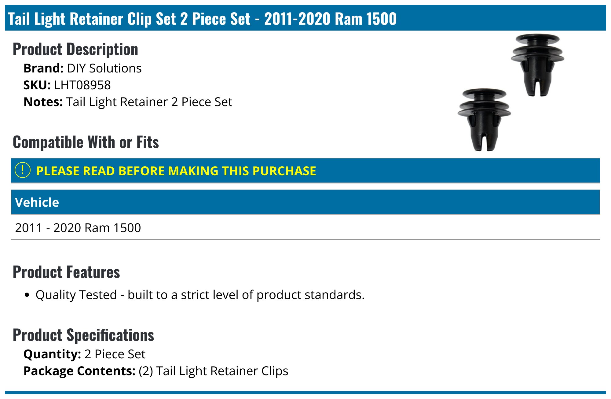 2011-2020 Ram 1500 Tail Light Retainer Clip - DIY Solutions LHT08958 ...