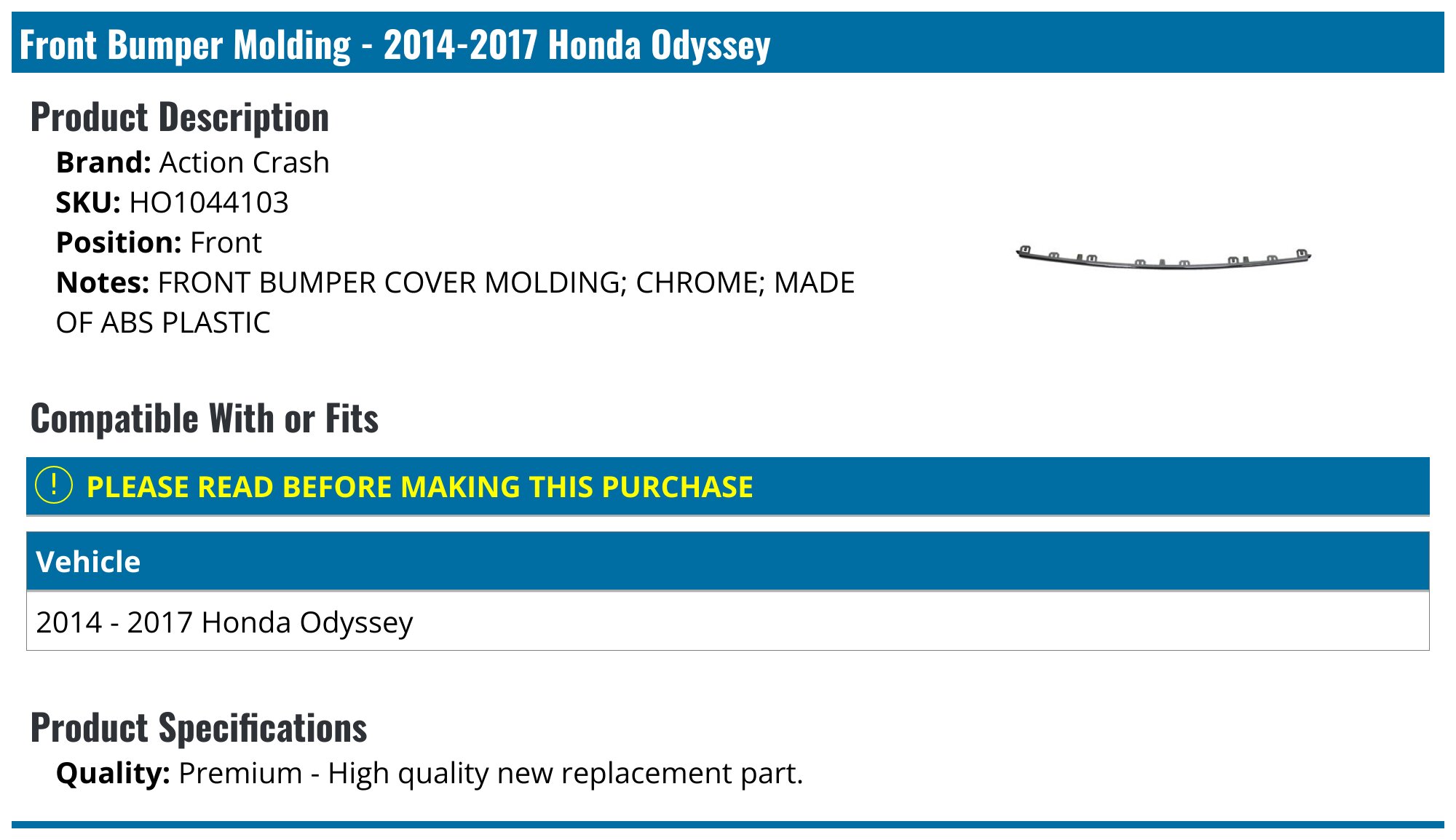 2014-2017 Honda Odyssey Bumper Molding - Action Crash HO1044103 - Front ...