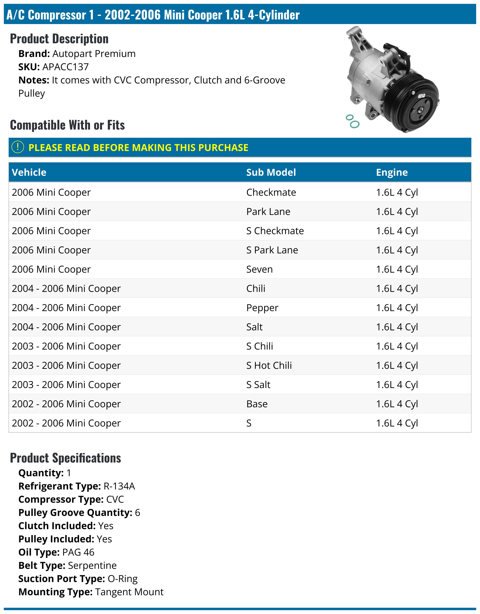 2002-2006 Mini Cooper A/C Compressor - Autopart Premium APACC137 ...