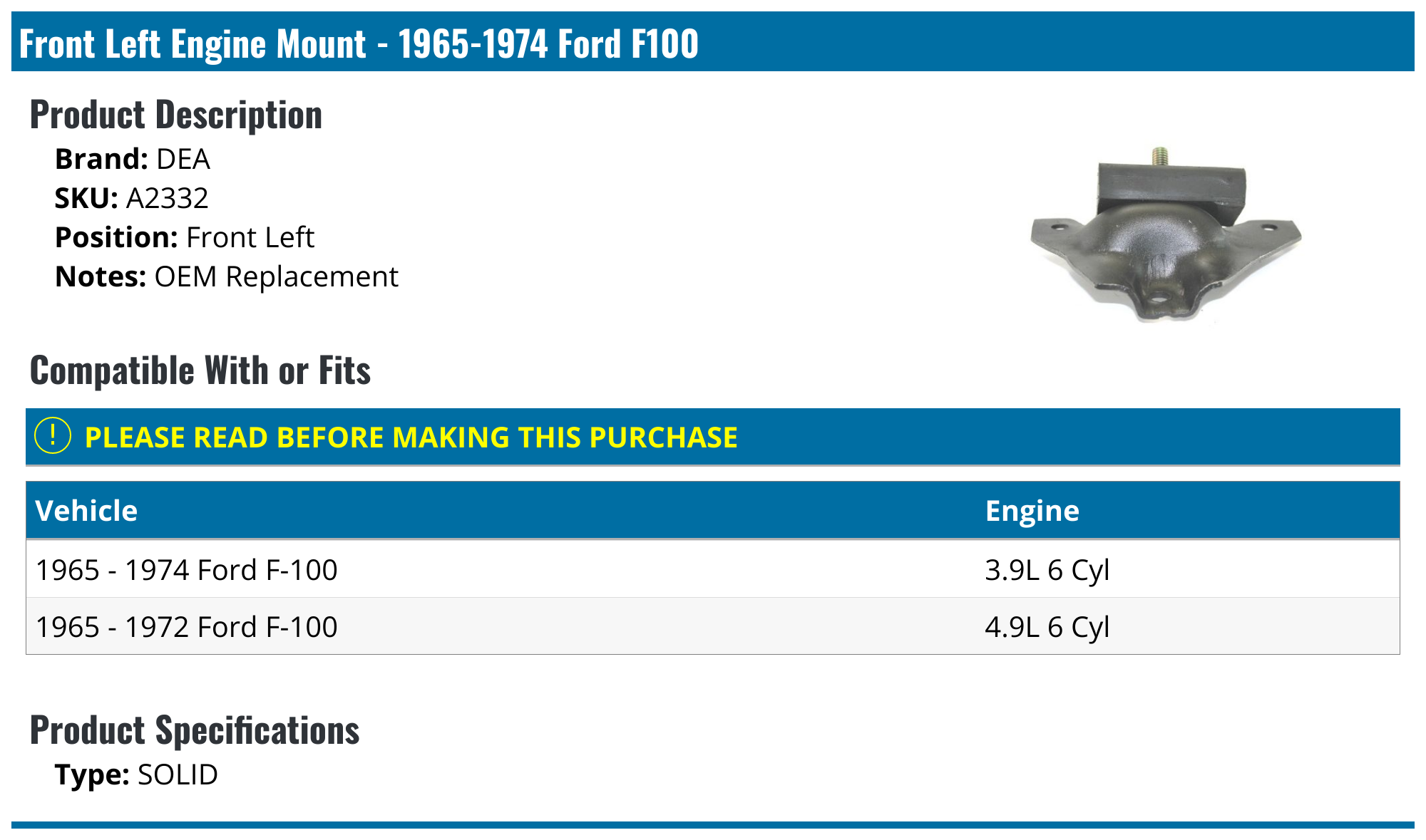 1965-1974 Ford F100 Engine Mount - DEA A2332 - Front Left - PartsGeek.com