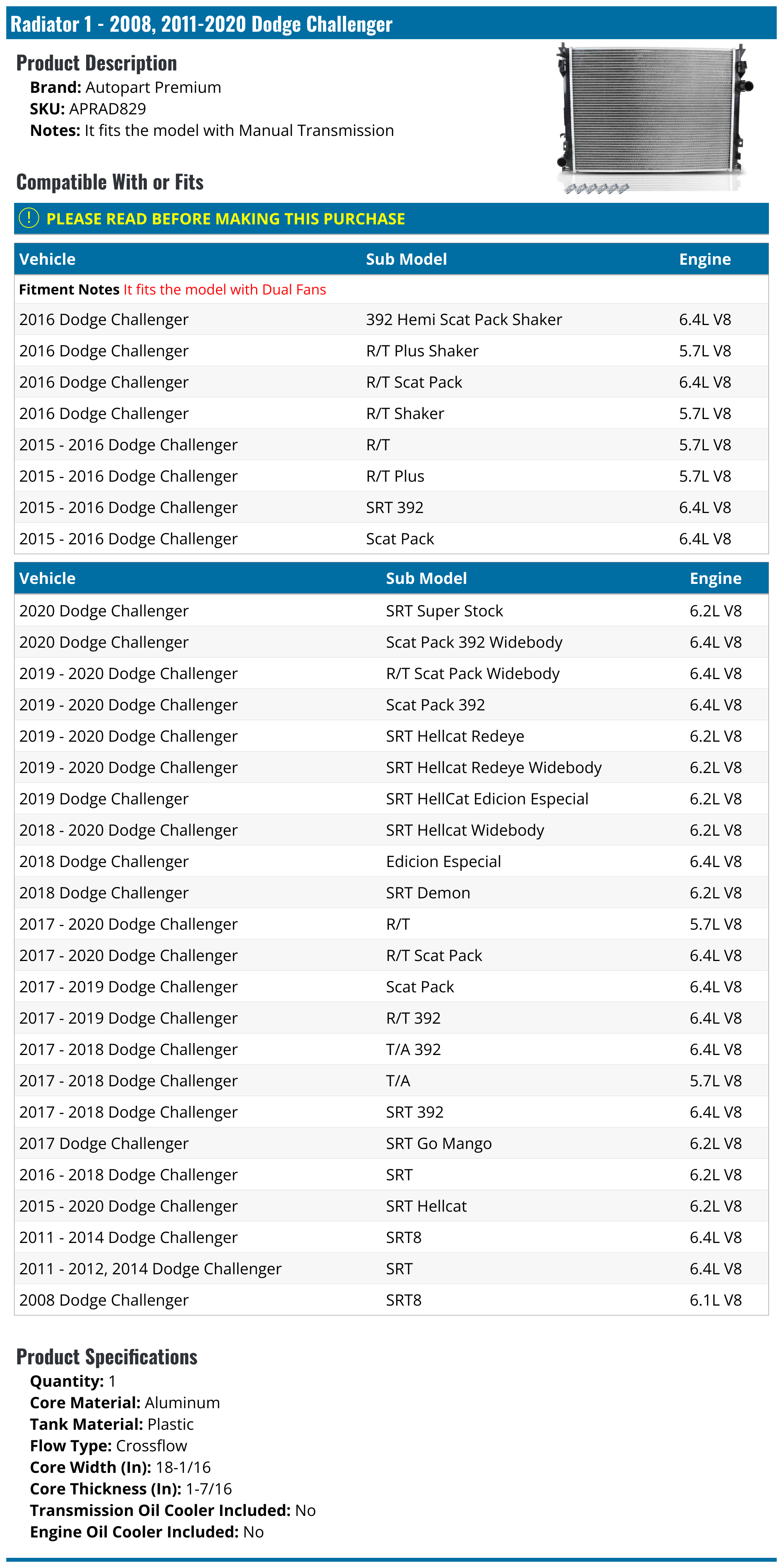 2008, 2011-2020 Dodge Challenger Radiator - Autopart Premium APRAD829 ...