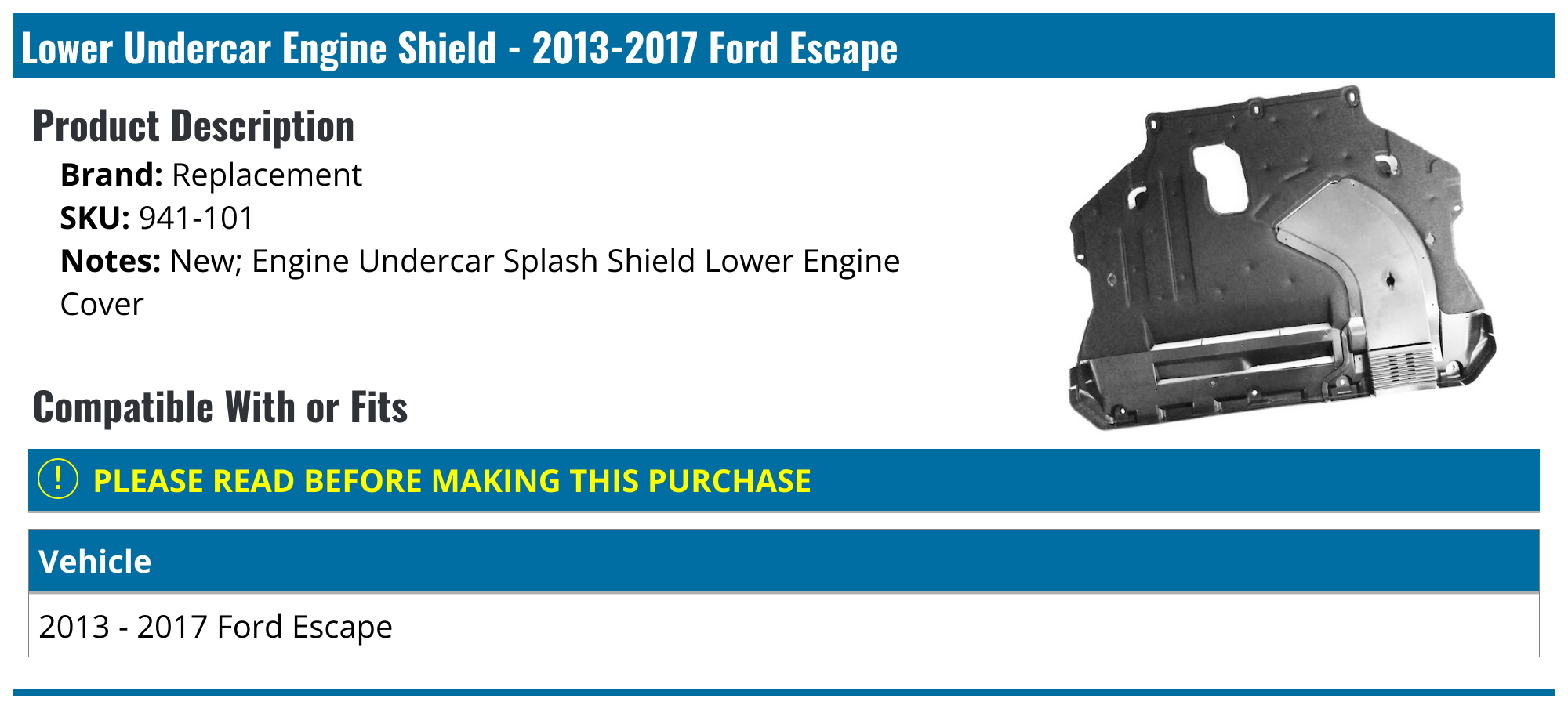 2013-2017 Ford Escape Lower Engine Cover - Replacement 941-101 ...