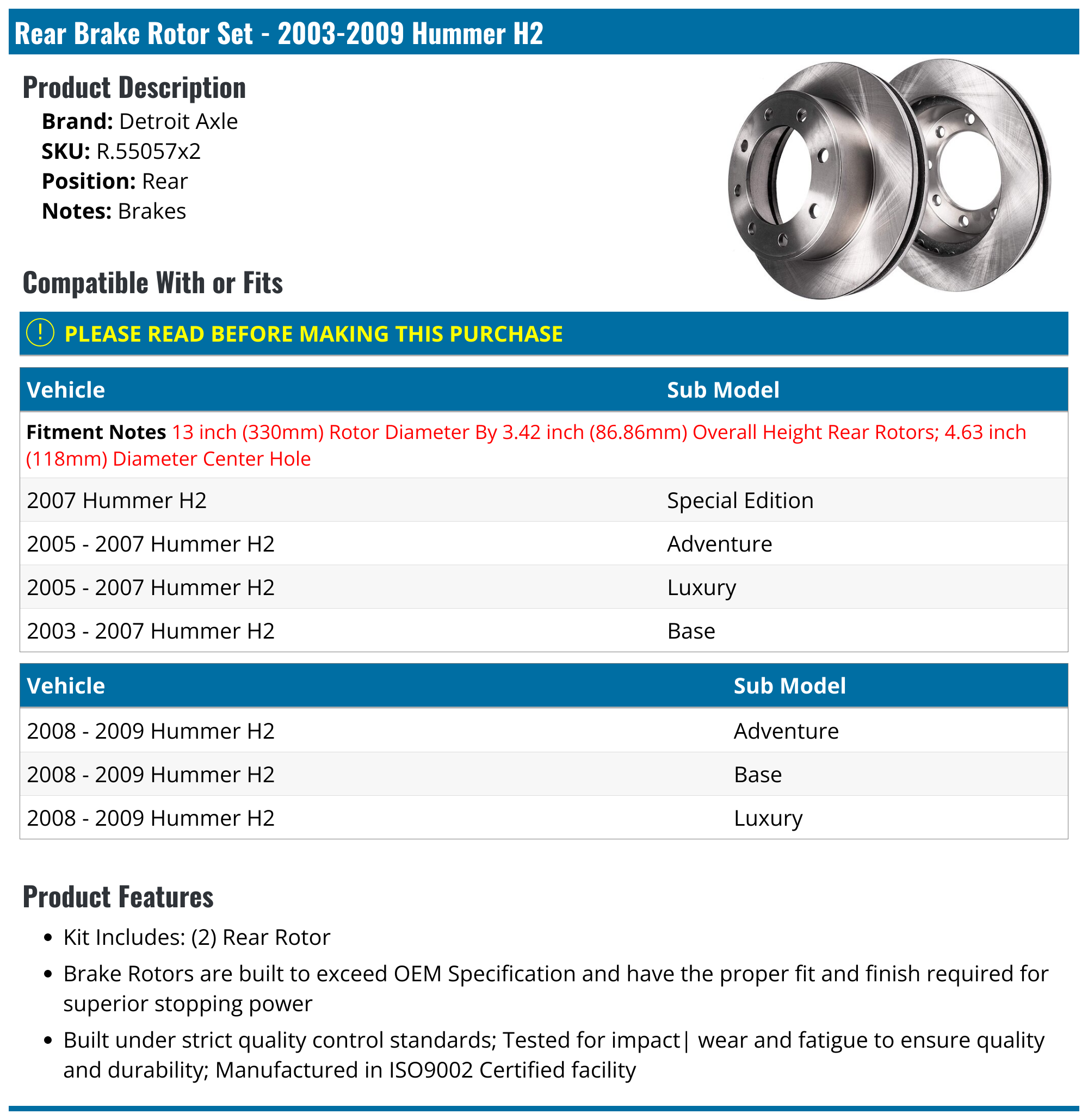 2003-2009 Hummer H2 Brake Rotor - Detroit Axle R.55057x2 - Rear ...