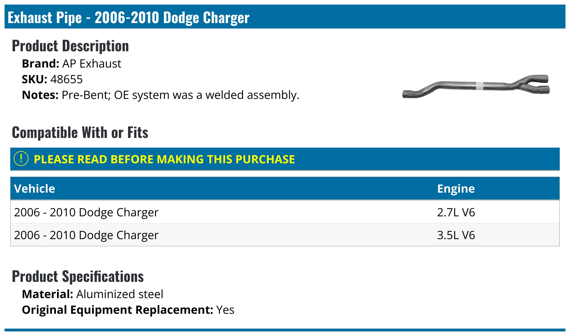 2006-2010 Dodge Charger Exhaust Pipe - AP Exhaust 48655 - PartsGeek.com
