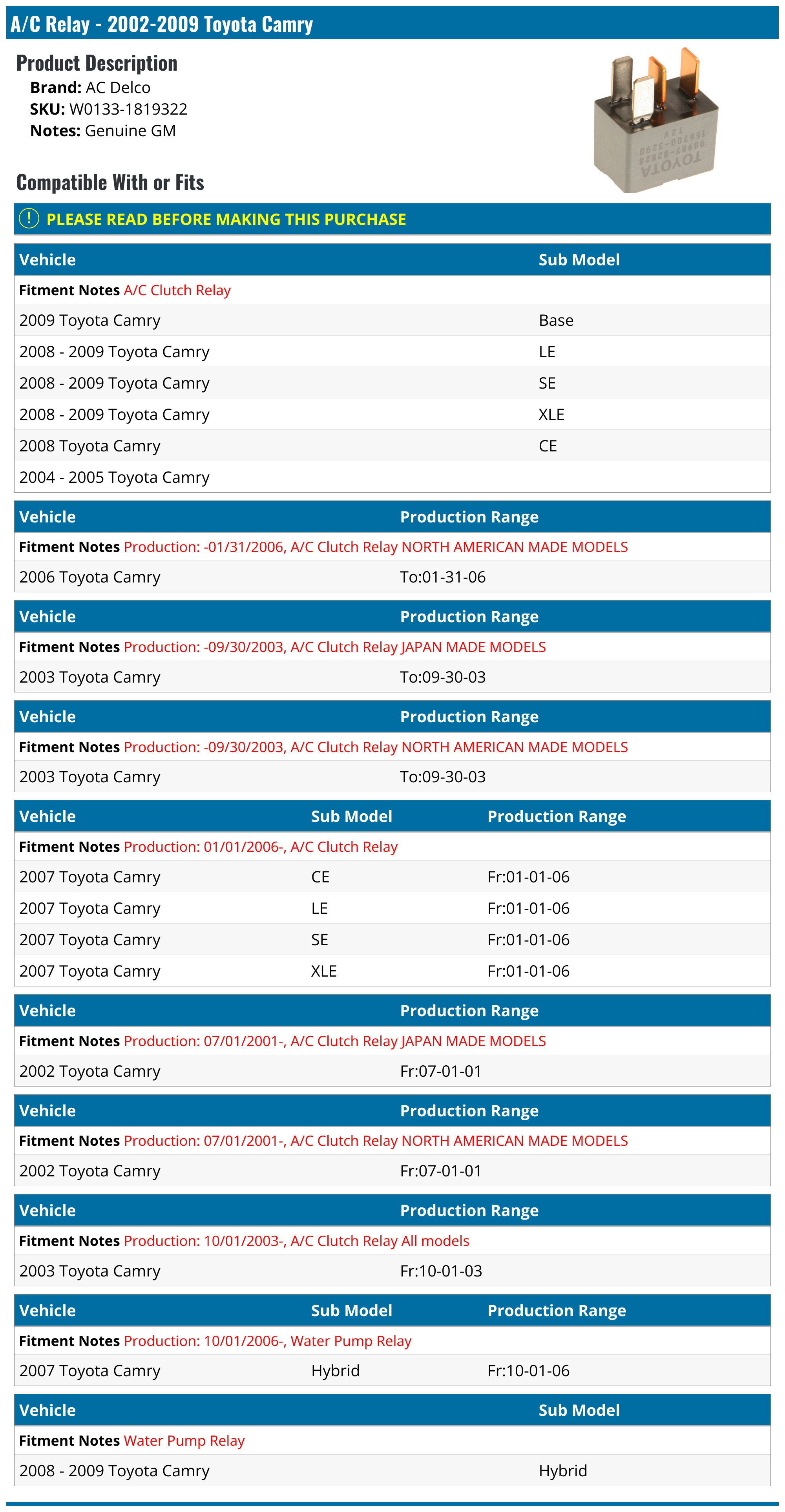 2002-2009 Toyota Camry A/C Relay - AC Delco W0133-1819322 - PartsGeek.com