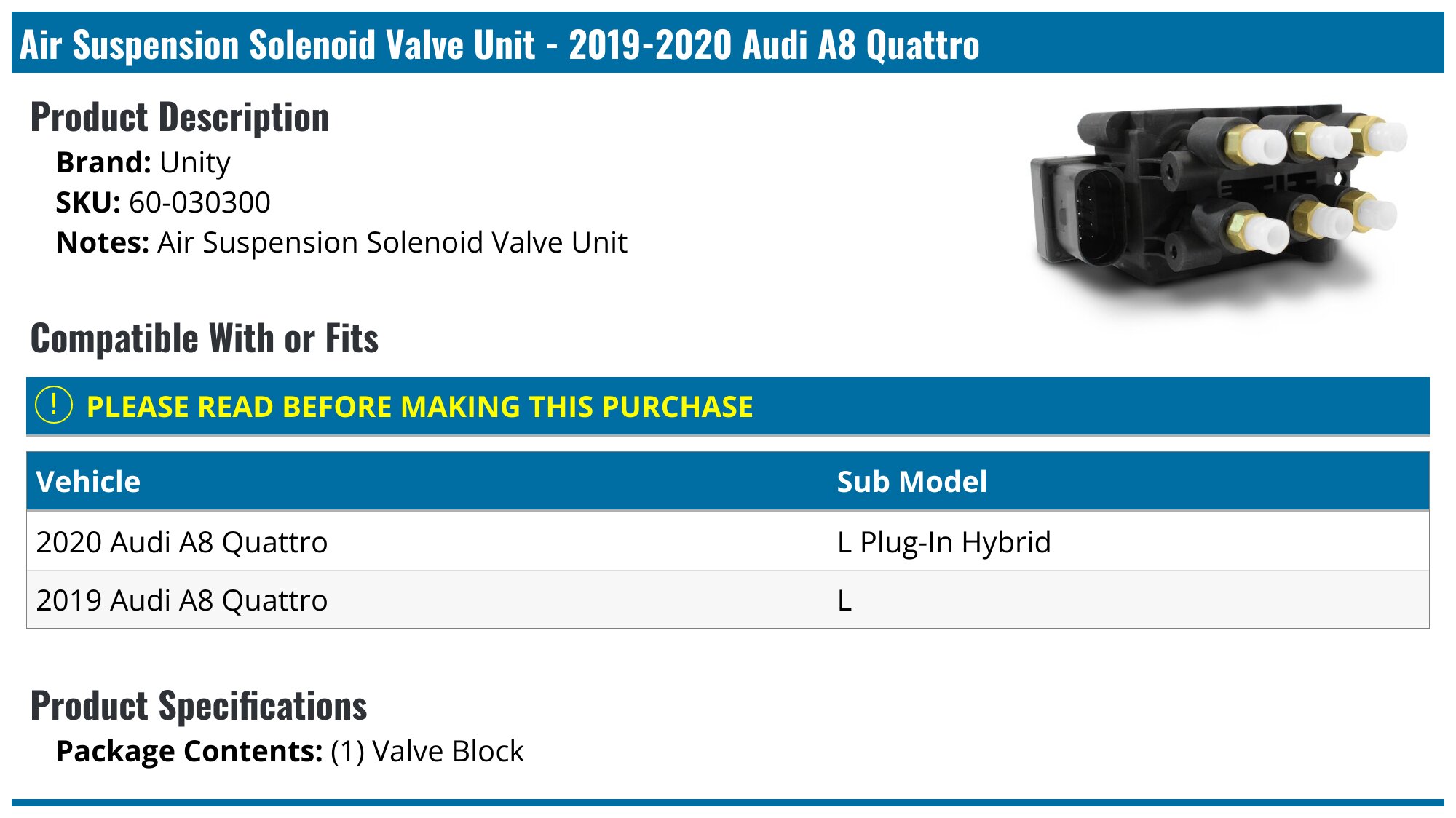 2019-2020 Audi A8 Quattro Air Suspension Solenoid Valve Unit - Unity 60 ...